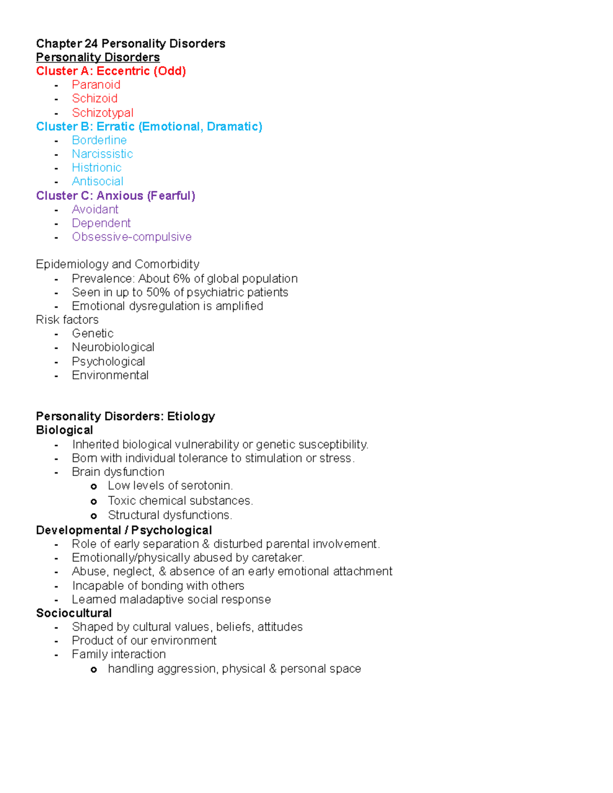 Personality Disorders chapter 24 - Personality Disorders Cluster A ...