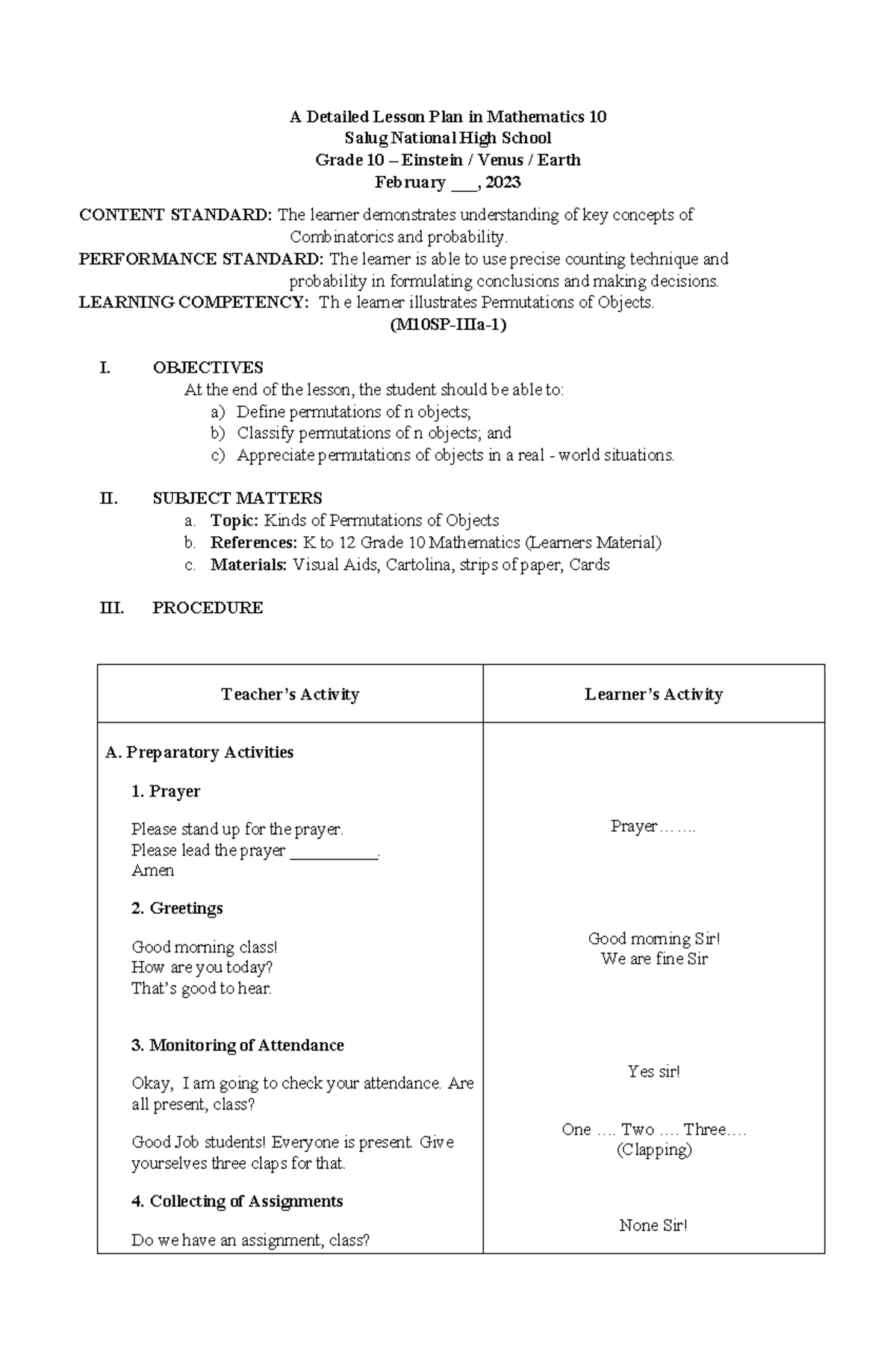 Kinds of Permutation lesson plan - Copy - A Detailed Lesson Plan in Mathematics 10 Salug ...