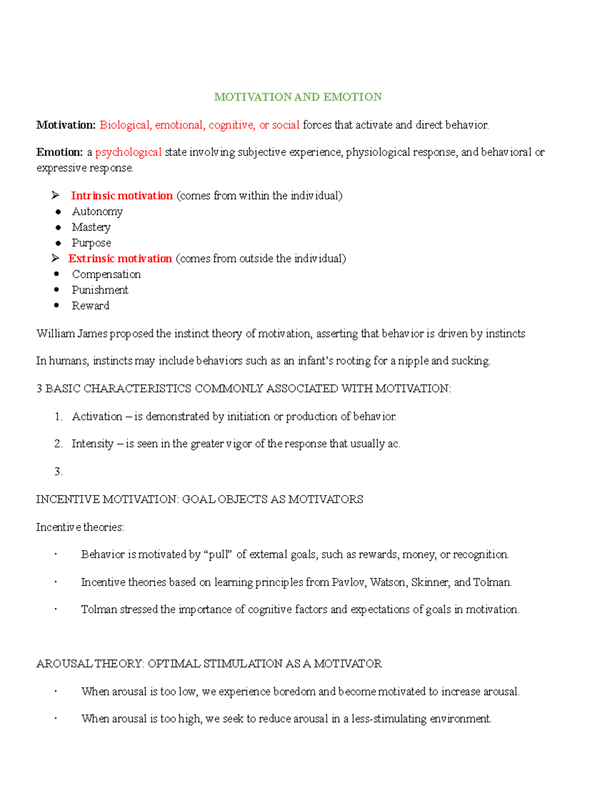 Psychology Motivation and Emotions Study Guide - MOTIVATION AND EMOTION ...