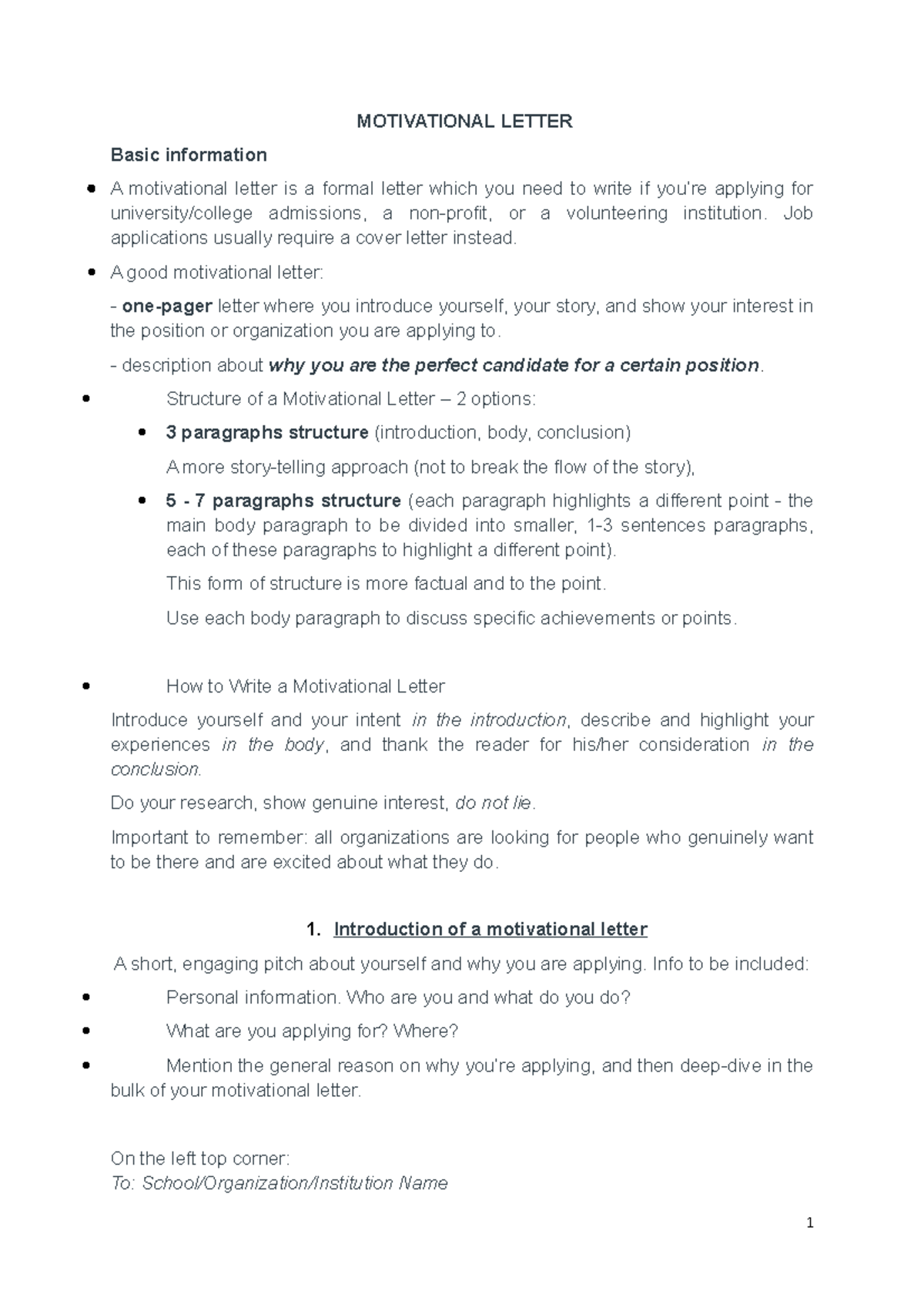 Motivational letter notes for students - MOTIVATIONAL LETTER Basic ...