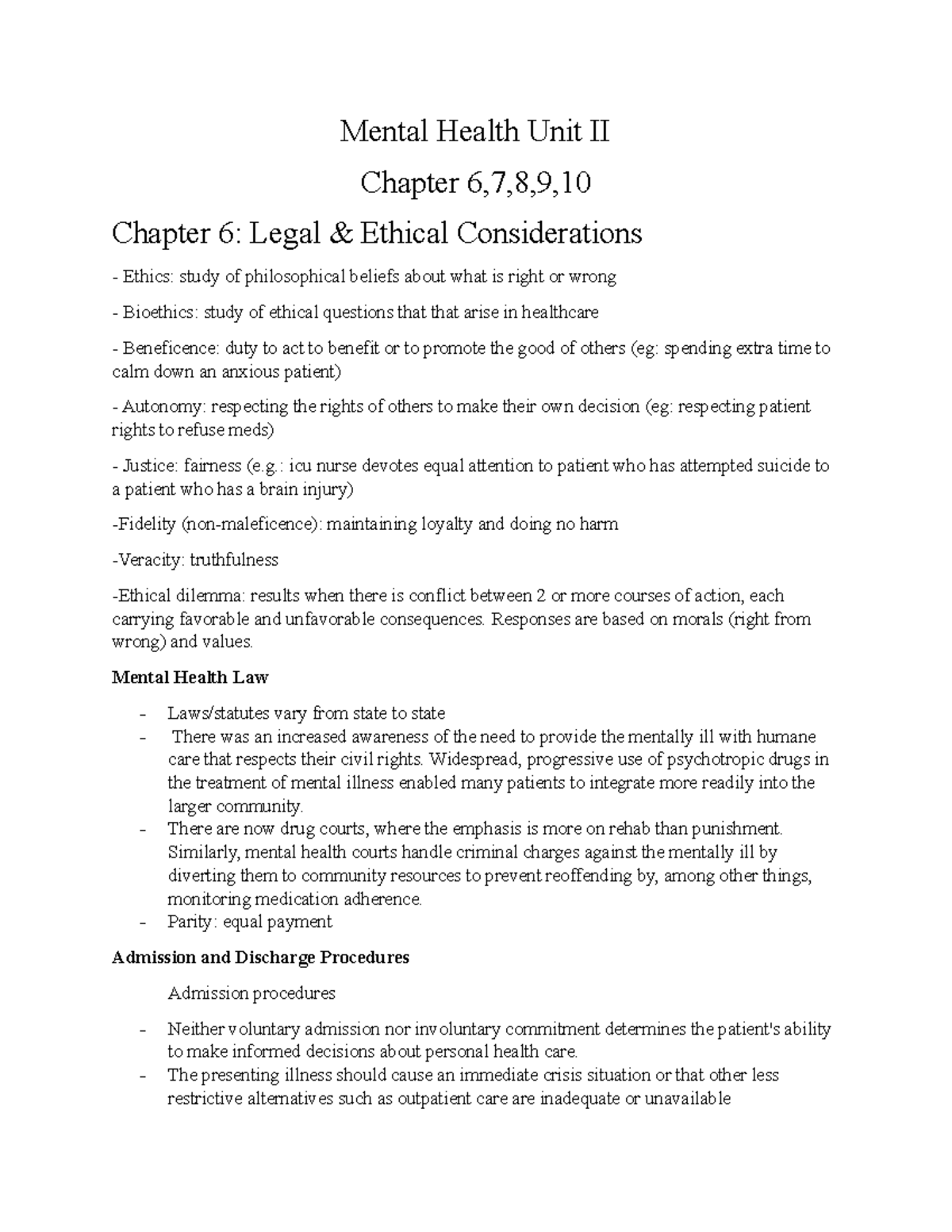Mental health unit study guide - Mental Health Unit II Chapter 6,7,8,9 ...