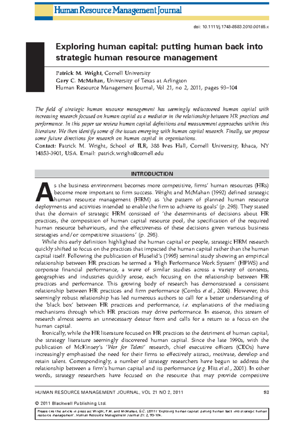 Exploring human capital putting human back into strategic human resource management - Wright ...