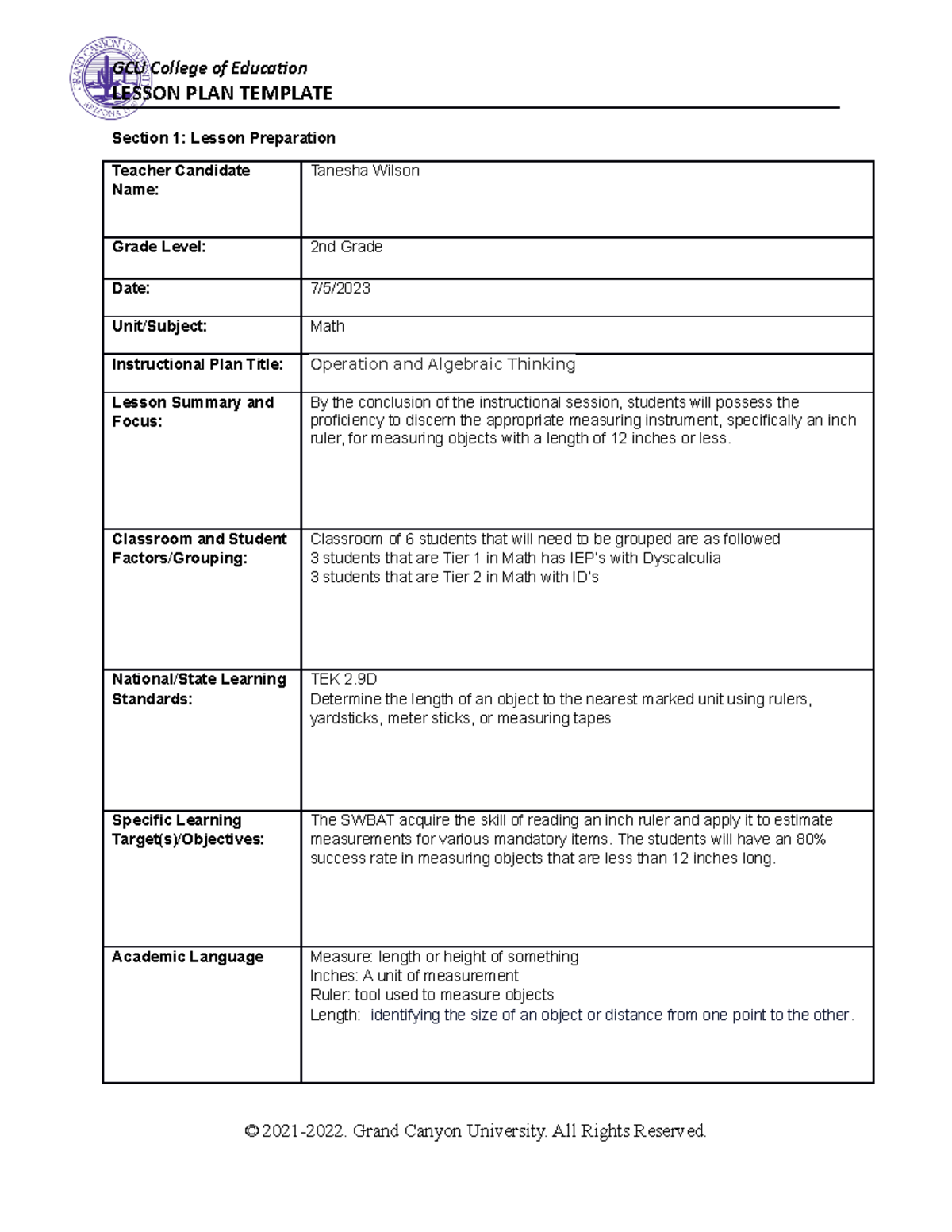 Operations and Algebraic Lesson Plan - LESSON PLAN TEMPLATE Section 1 ...