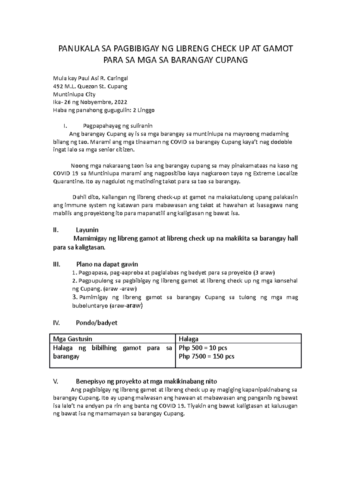 Panukala SA Pagbibigay NG Libreng Check UP AT GAMO - PANUKALA SA ...