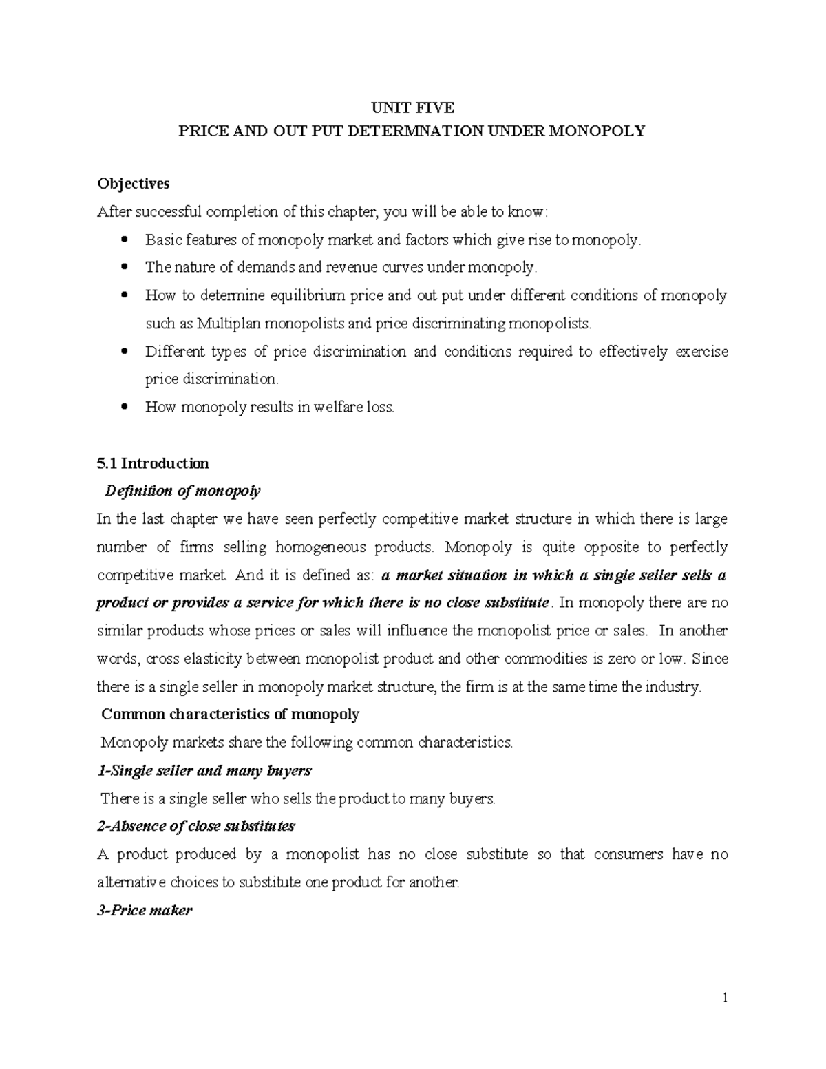 micro economics one, chapter five, monopoly market structure, lecture ...