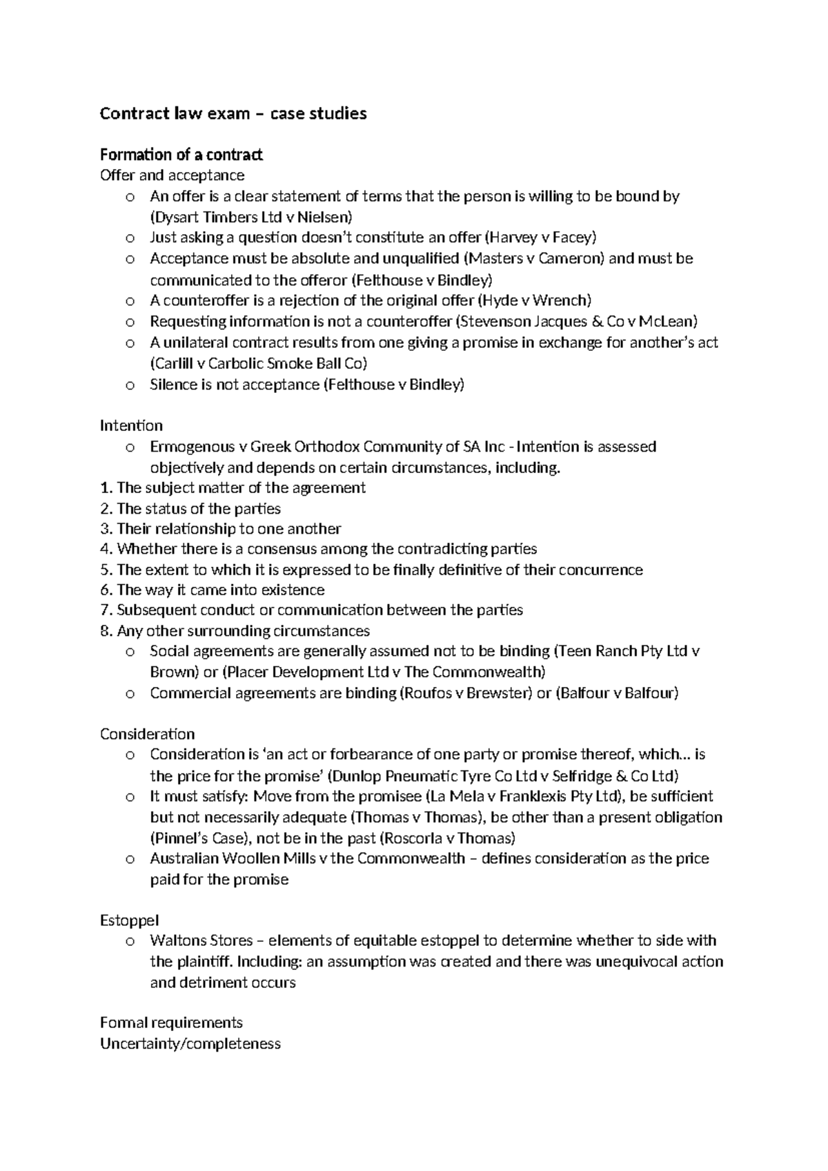 Contract law exam - The subject matter of the agreement The status of ...