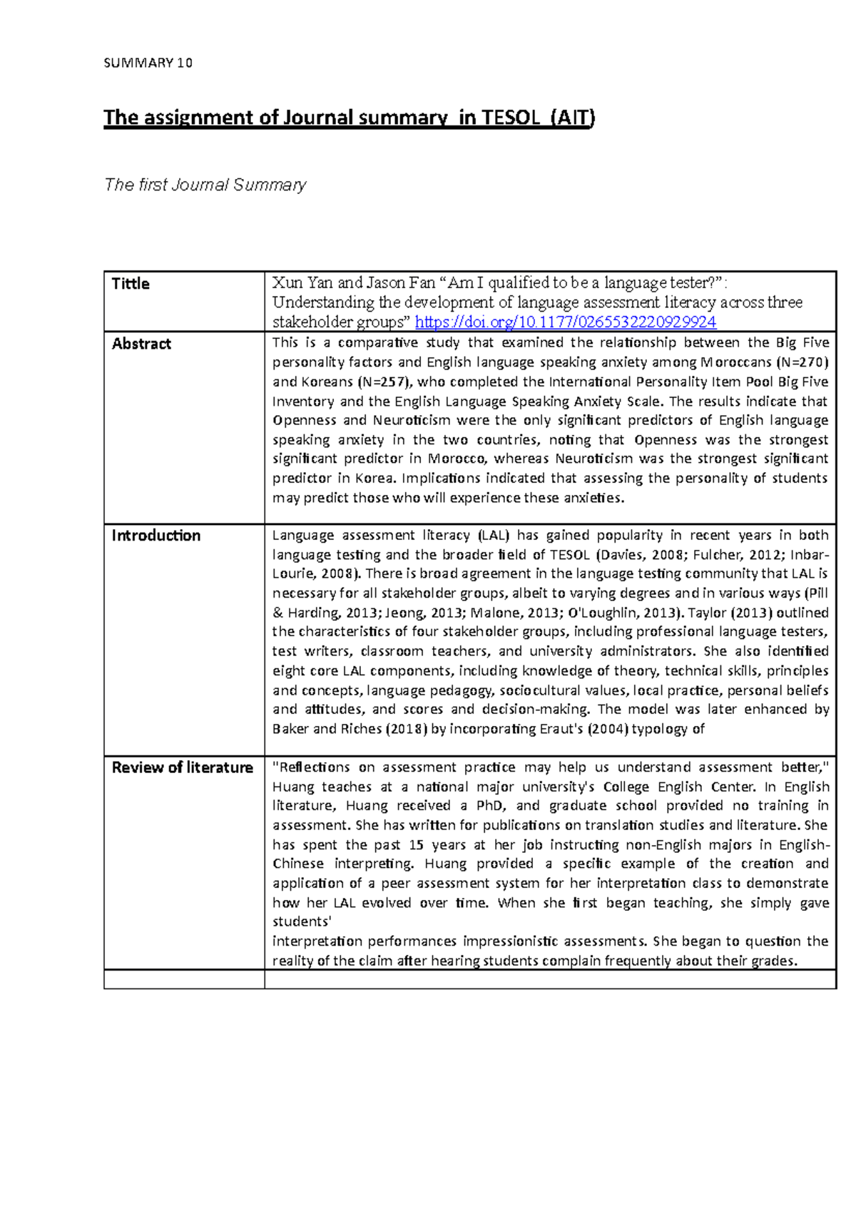 The Assignment Summaries 3 Summary 10 The Assignment Of Journal Summary In Tesol Ait The