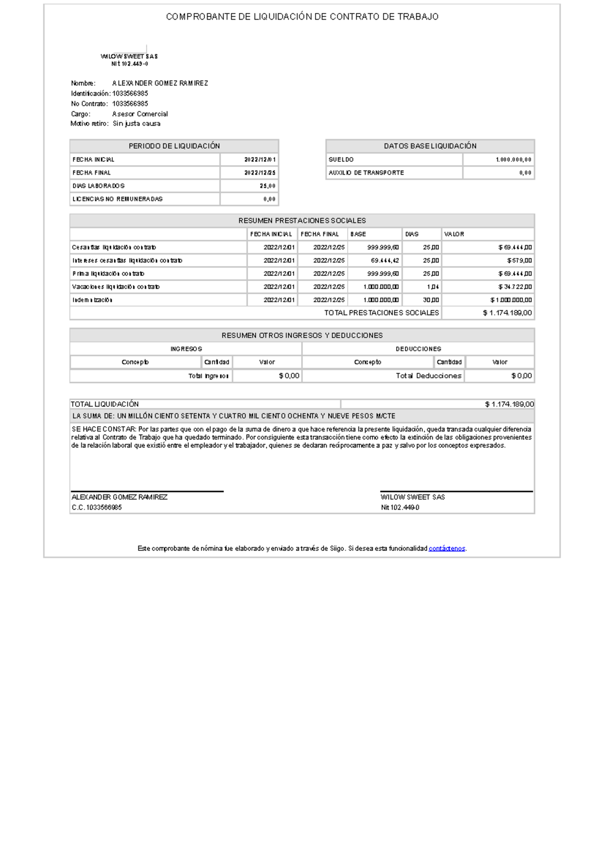 Liquindacion Contrato - WILOW SWEET SAS Nit 102- COMPROBANTE DE ...