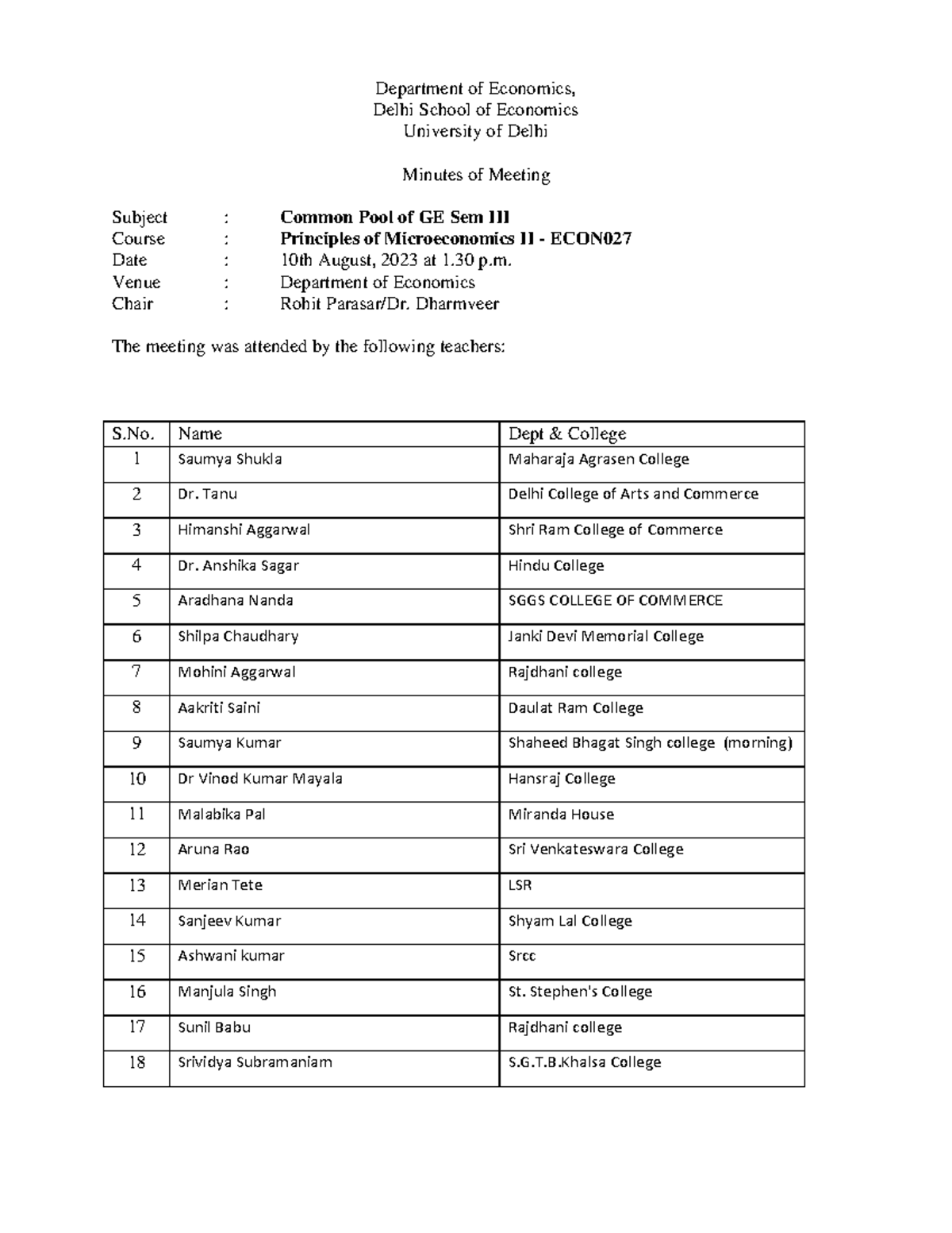 Common Pool of GE Sem III - Department of Economics, Delhi School of ...