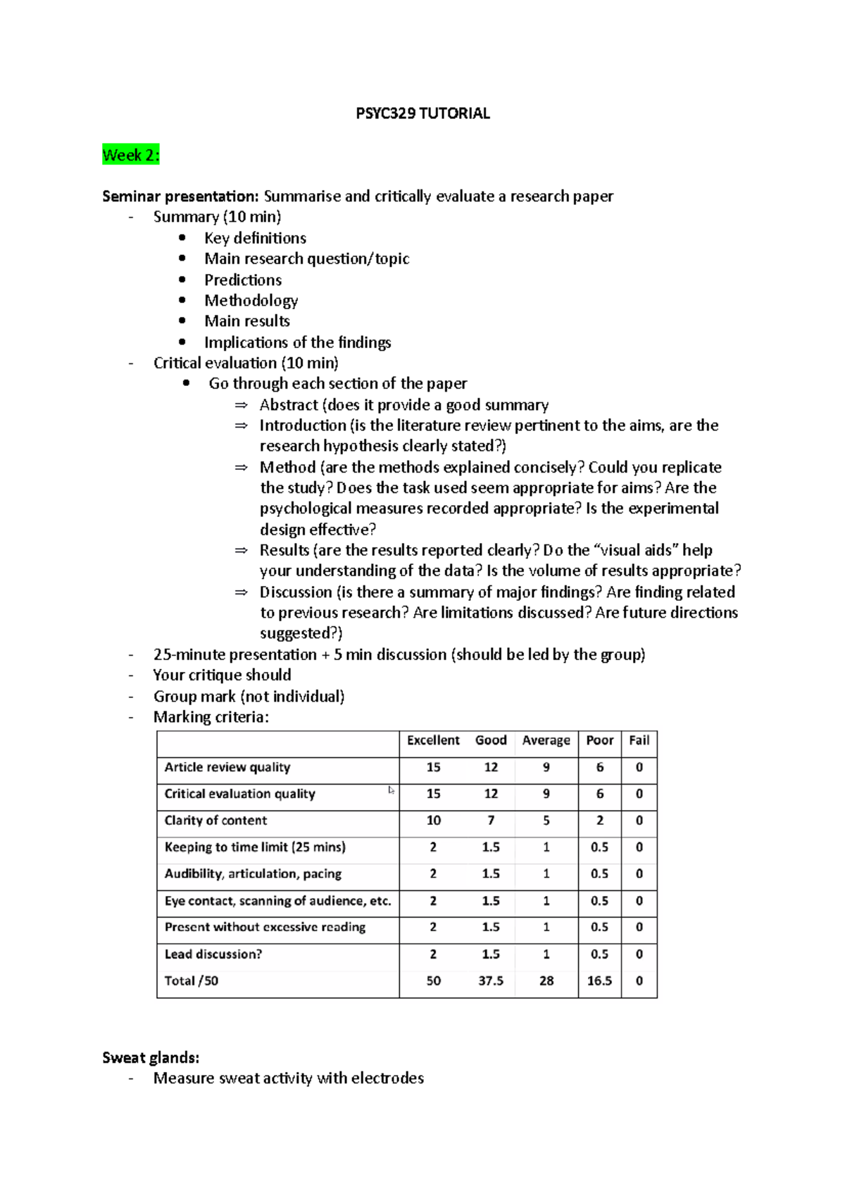 PSYC329 Tutorial week 5 - PSYC329 TUTORIAL Week 2: Seminar presentation: Summarise and ...