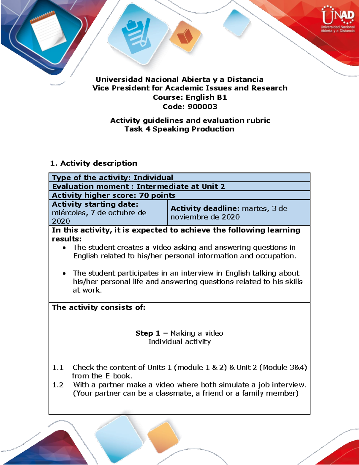 Activities guide and evaluation rubric - Unit 2 - Task 4 - Speaking ...