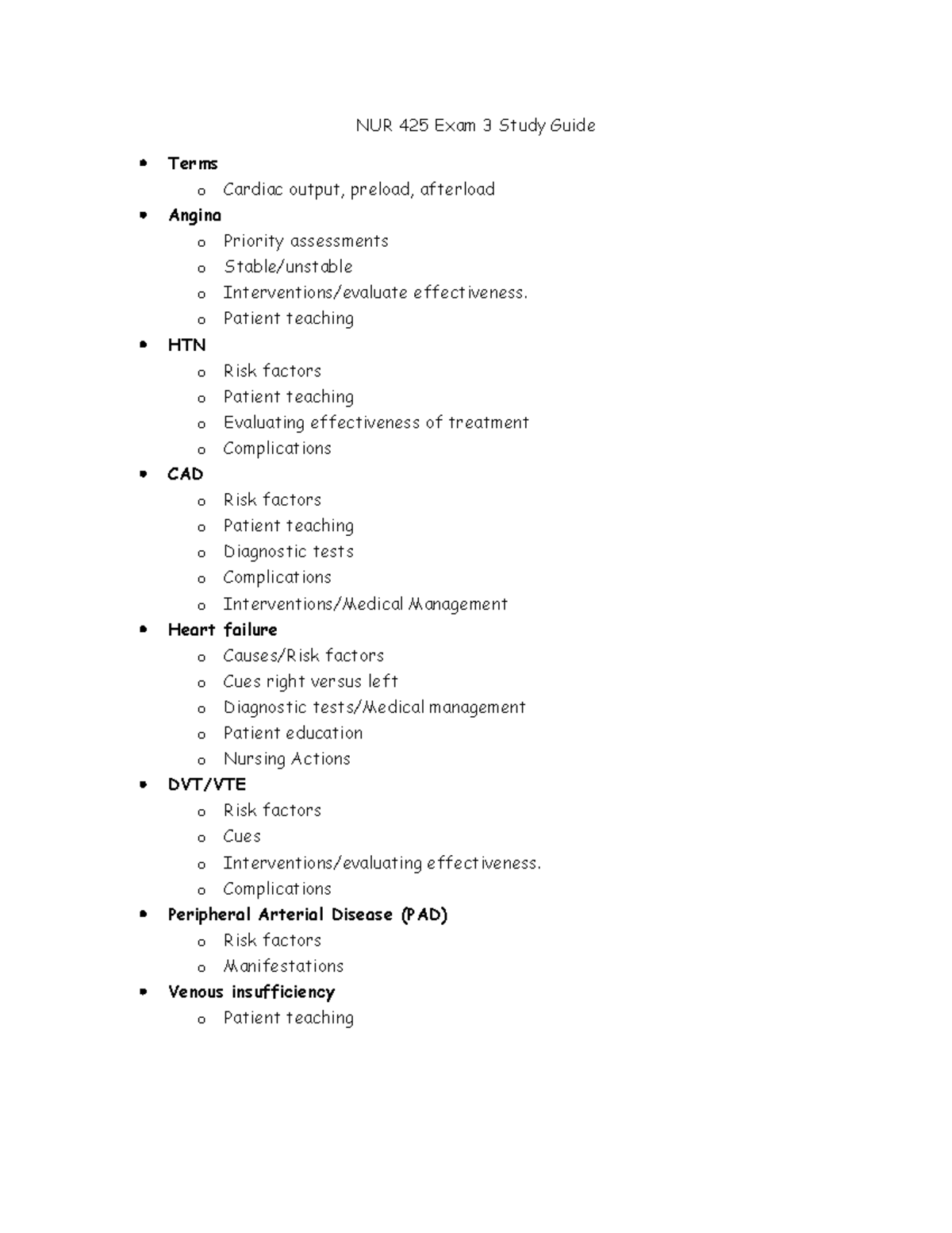 Exam 3 - study guide - NUR 425 Exam 3 Study Guide Terms o Cardiac ...
