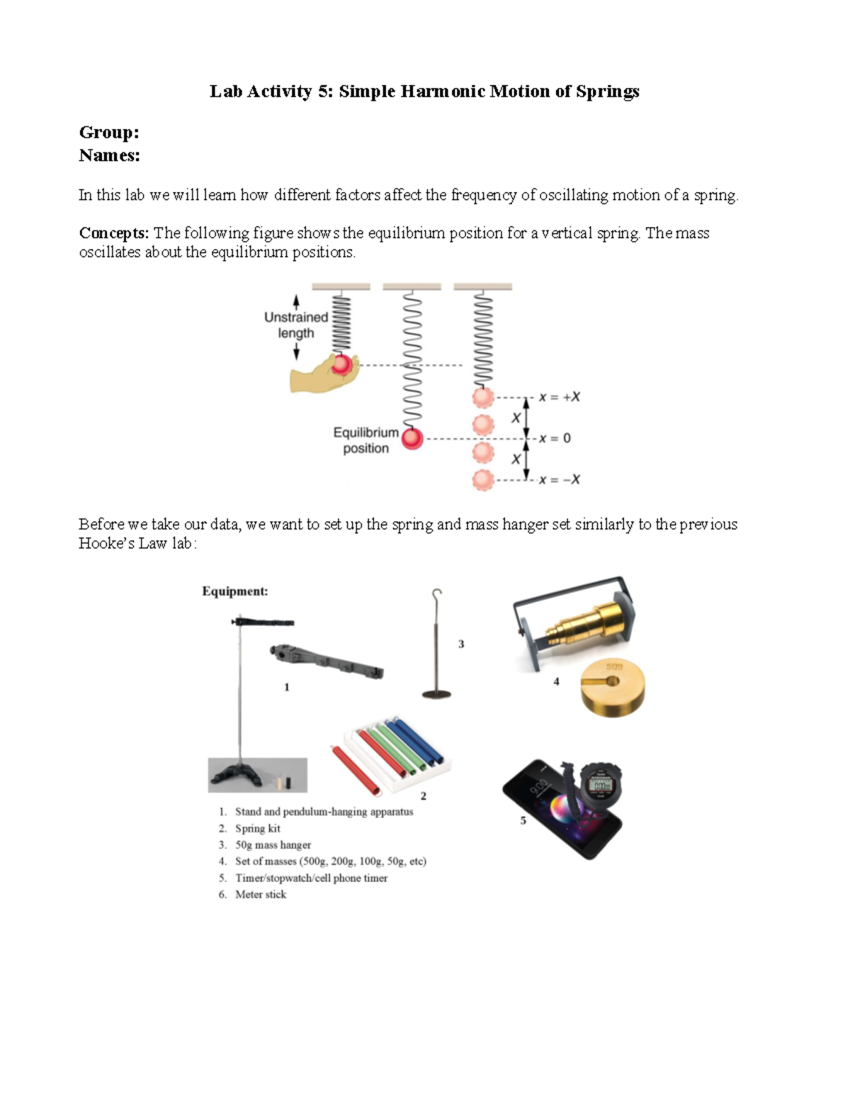 Lab Activity 5- Simple Harmonic Motion Springs - Lab Activity 5: Simple ...