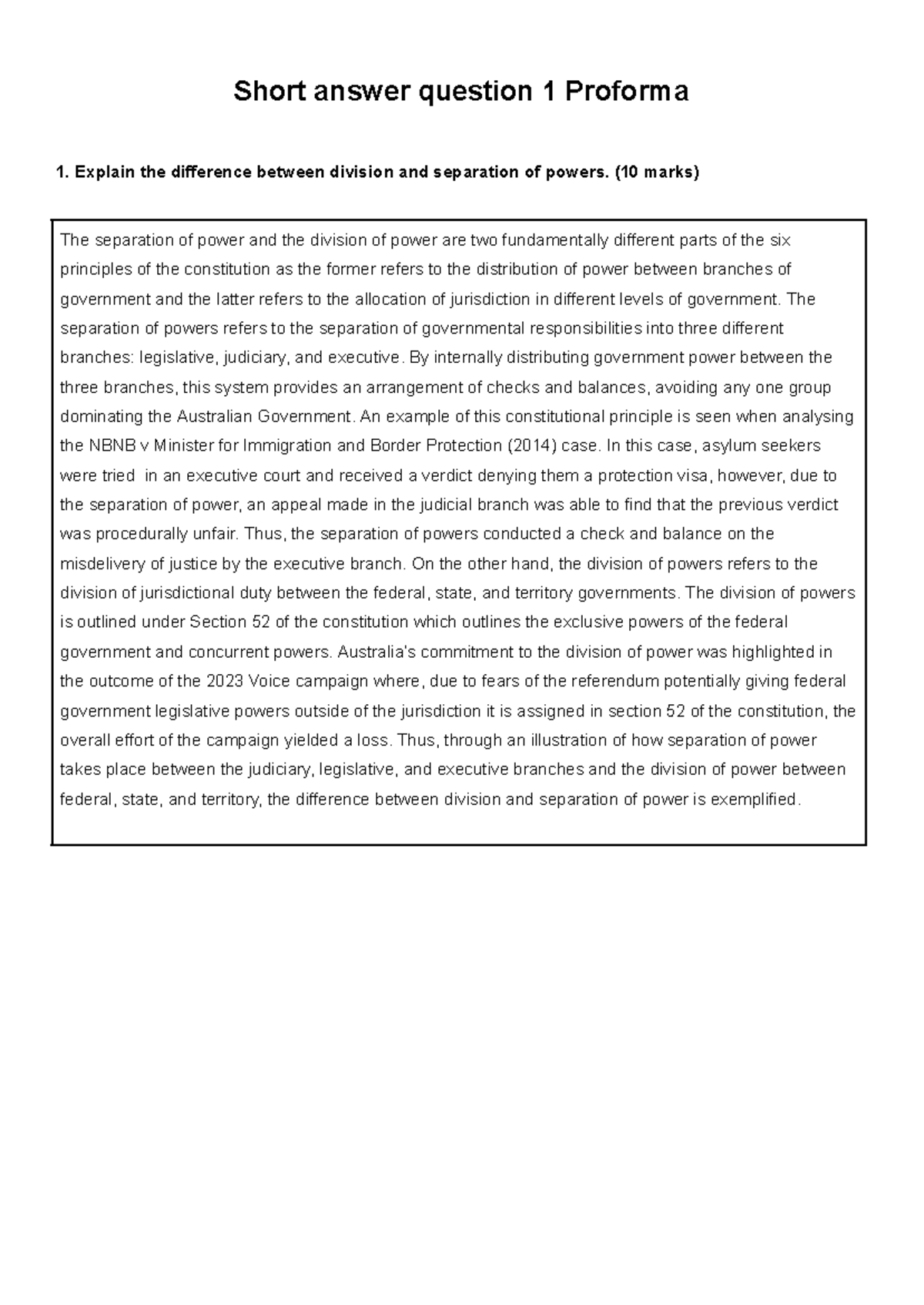 Legal Assesment Part B-Short Answer - Short answer question 1 Proforma ...