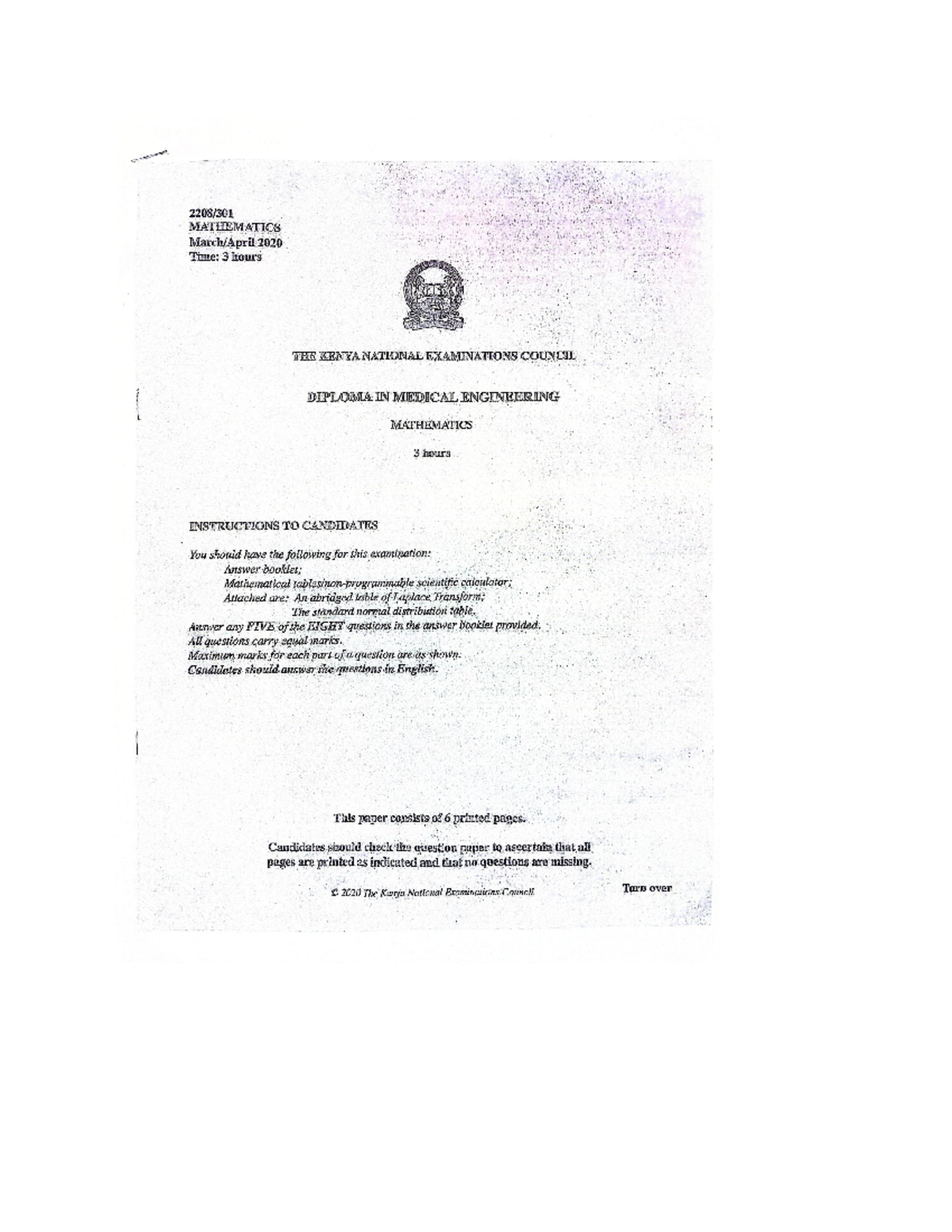 Maths - Knec past papers - Biomedical engineering - Studocu