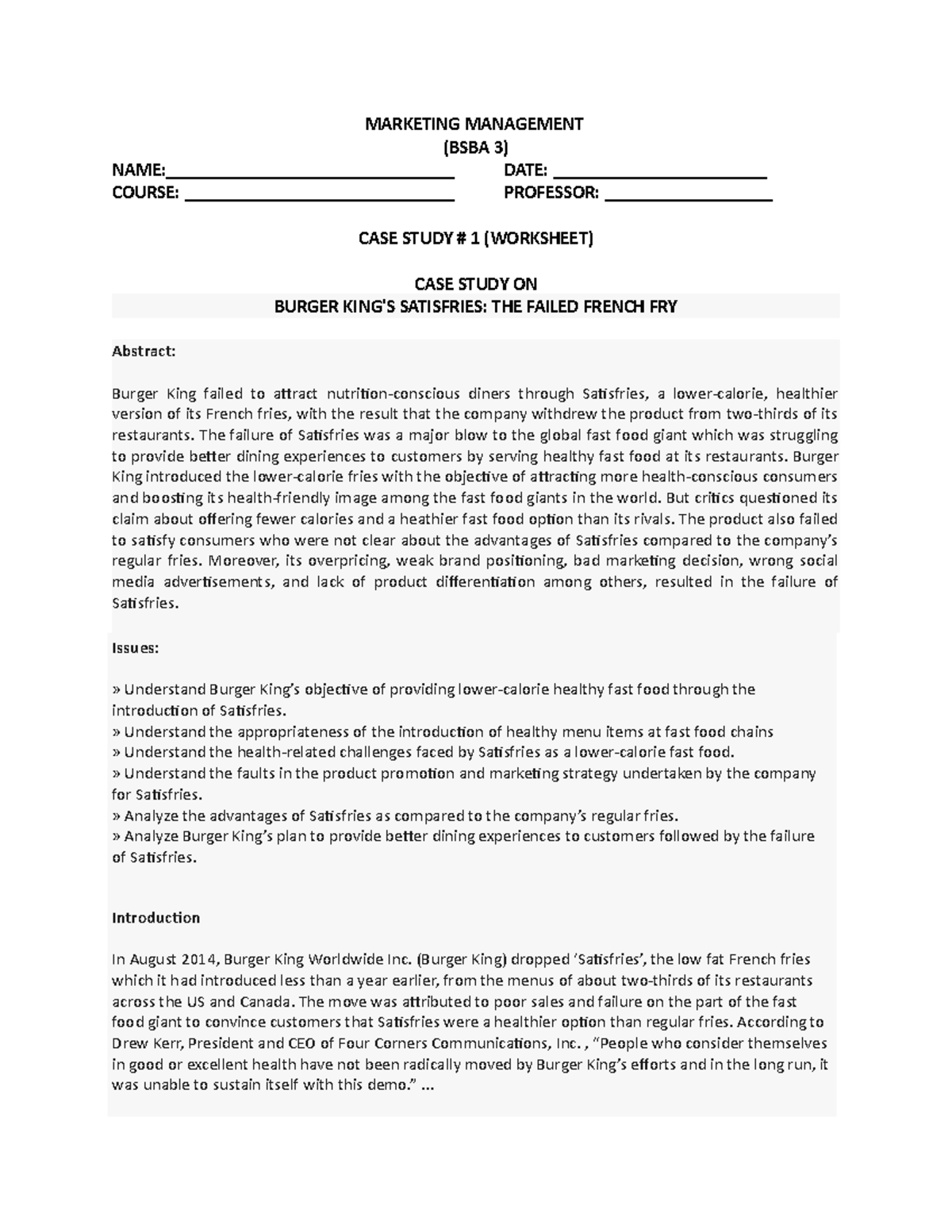 Marketing Management CASE Study - MARKETING MANAGEMENT (BSBA 3) NAME