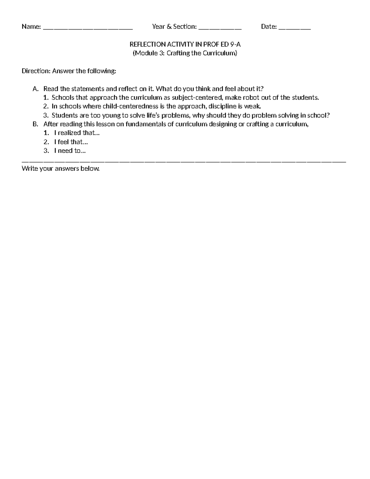 Worksheet-reflection activitiy on module 3 - Name ...