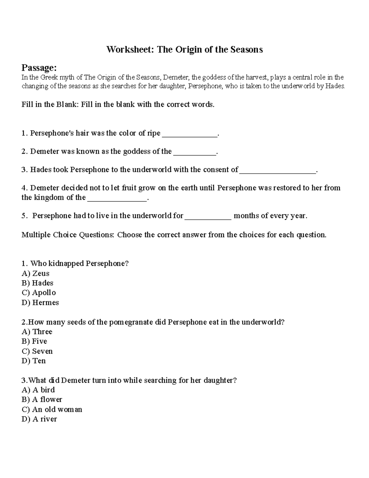 7th Grade Origin of the Seasons - Worksheet: The Origin of the Seasons ...