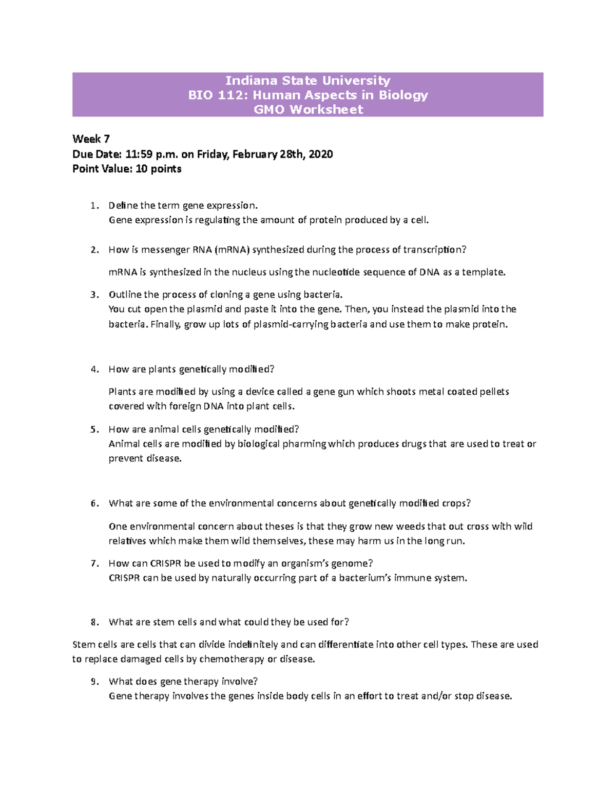 Week 7 GMO Worksheet - Indiana State University BIO 112: Human Aspects ...