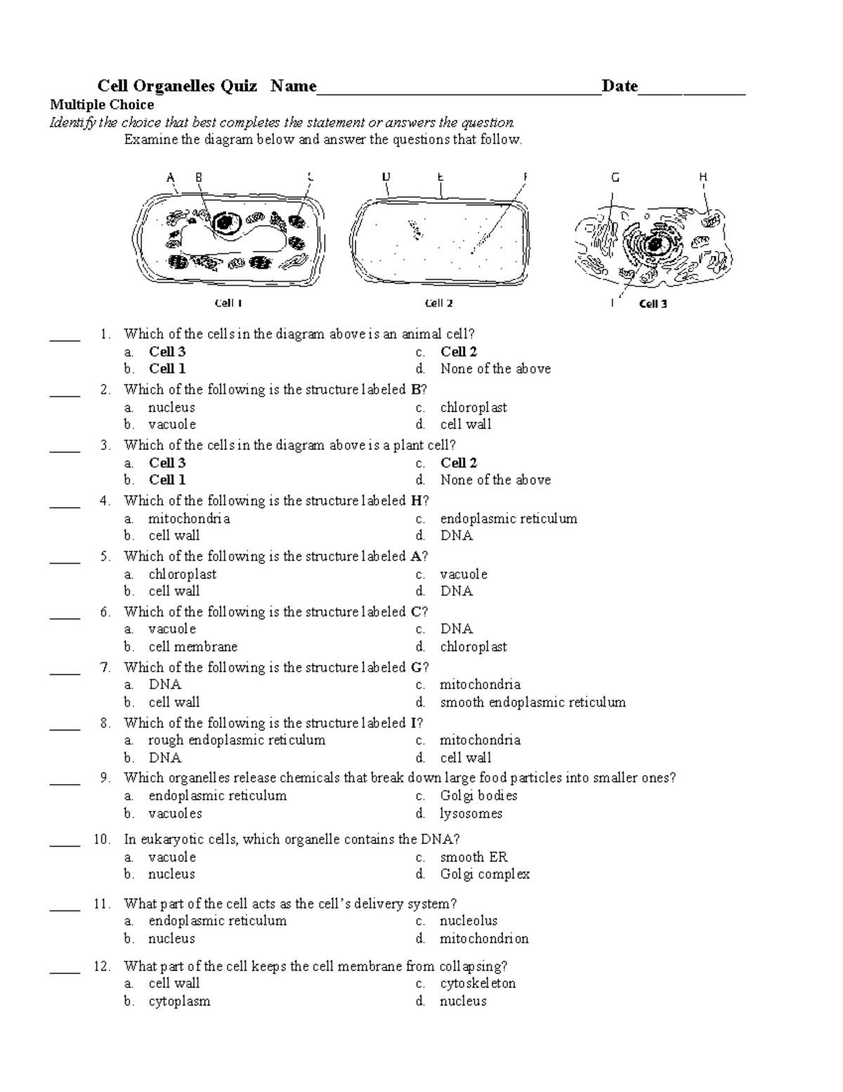 Cell Organelles Quiz - Examine the diagram below and answer the ...