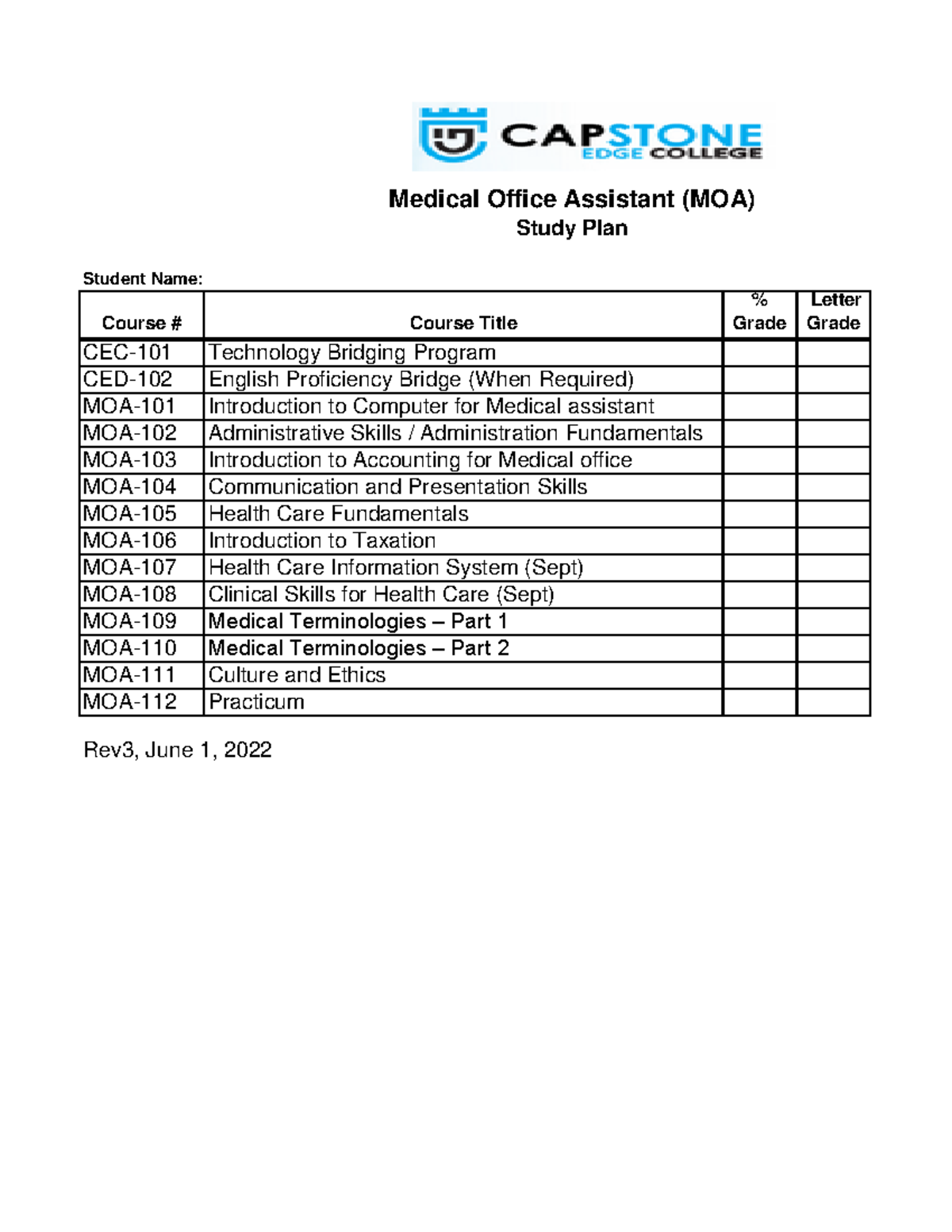 MOA-Study Plan-Rev3June12022 - Student Name: Course # Course Title ...