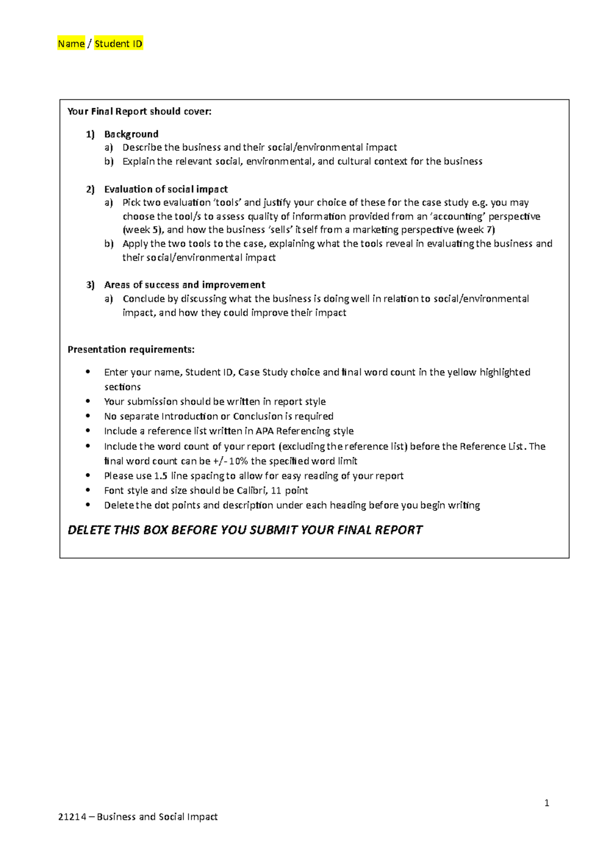 Assessment Task 2 - Template for Final Report - Name / Student ID 1 ...