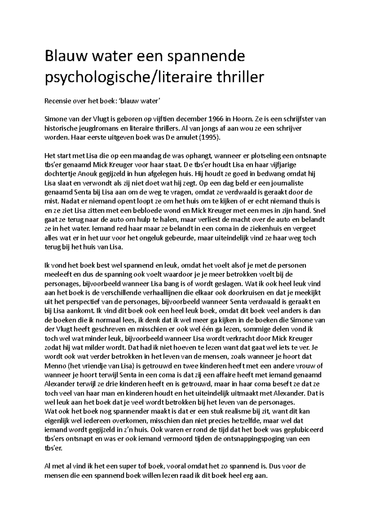Blauw water recensie - Blauw water een spannende psychologische ...