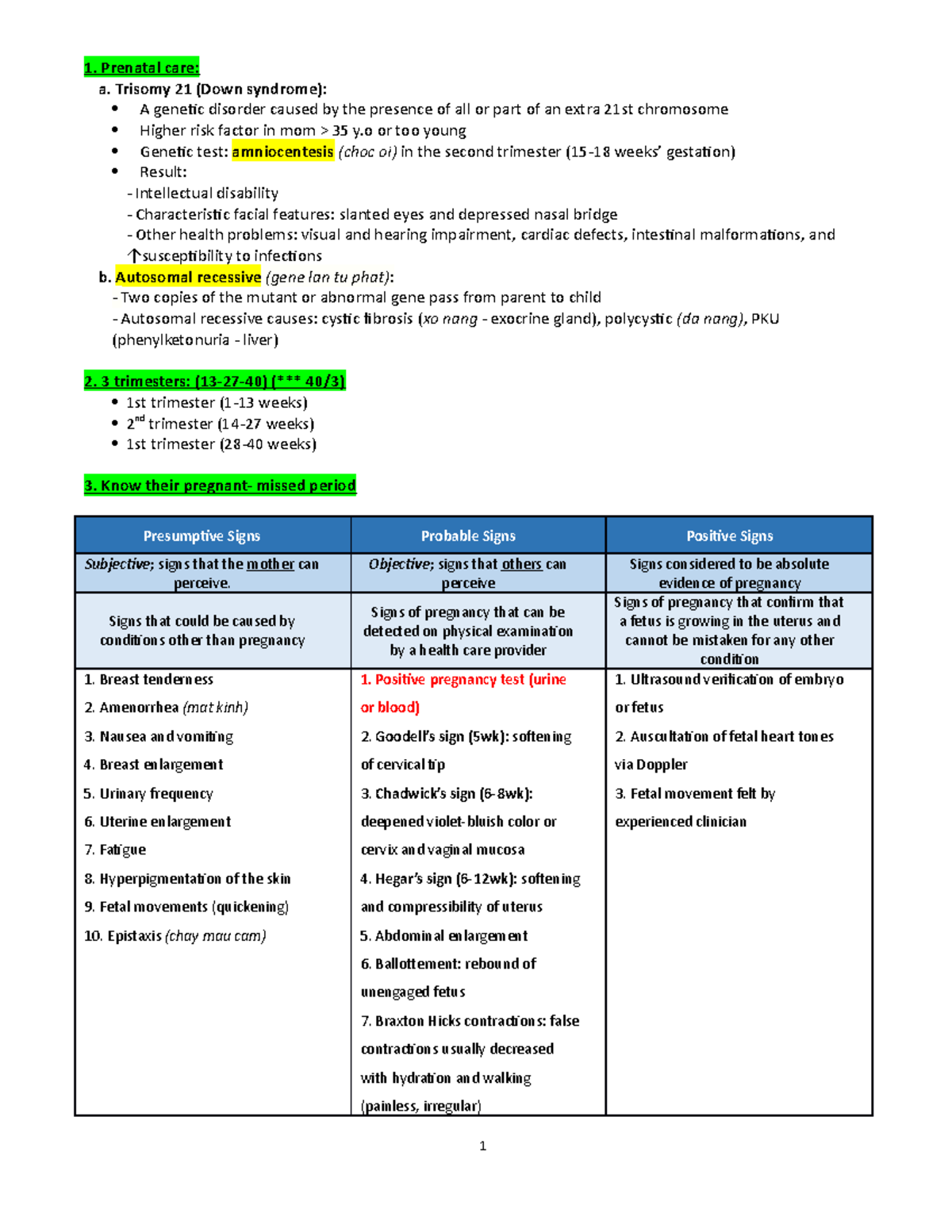 OB Review - Prenatal care: a. Trisomy 21 (Down syndrome): A genetic ...
