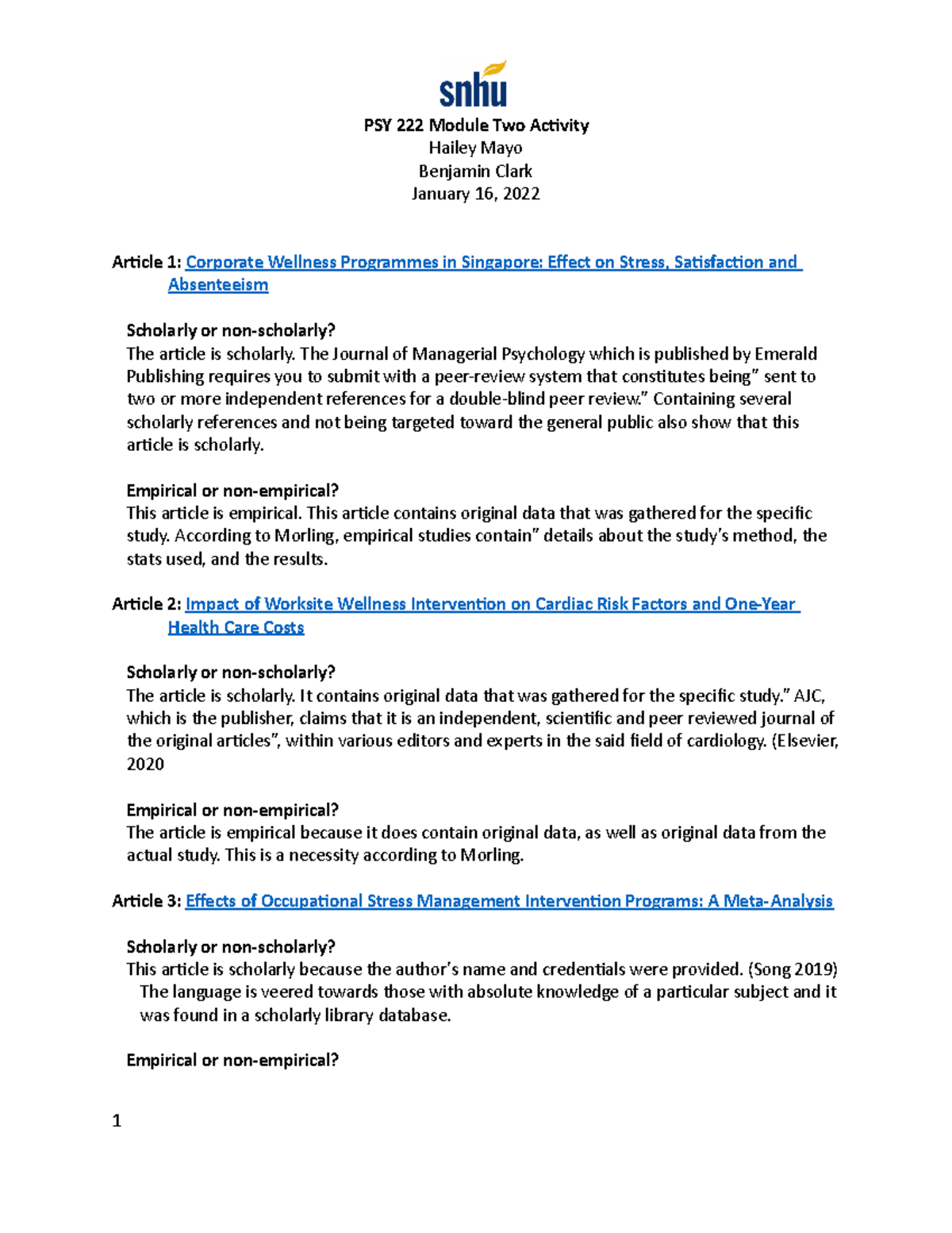 PSY222 Module Two Activity - PSY 222 Module Two Activity Hailey Mayo ...