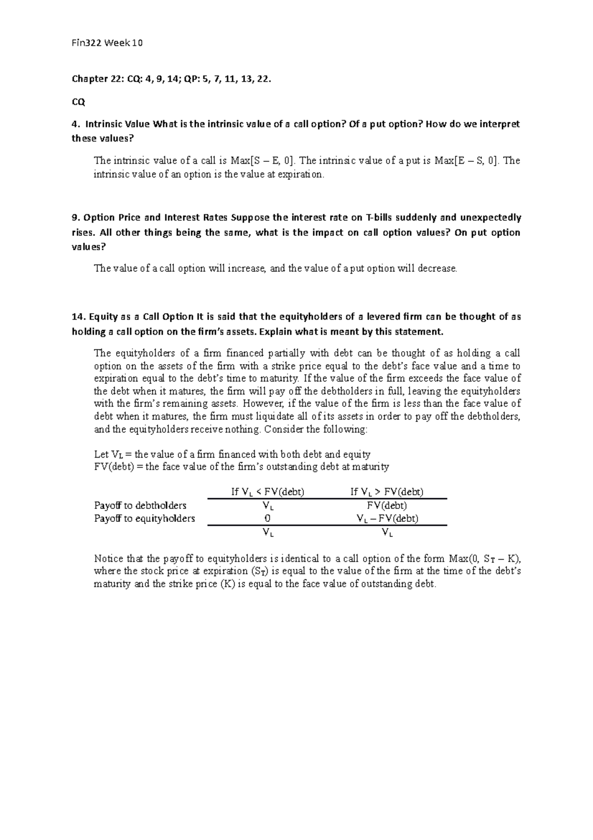 Fin322 Week 10 Tut Solutions - Fin322 Week 10 Chapter 22: CQ: 4, 9, QP ...