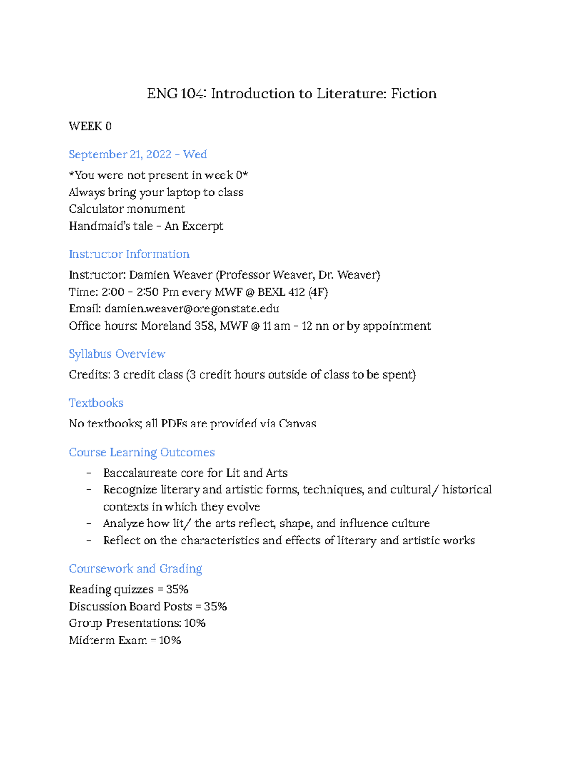 ENG 104 Notes - ENG 104 Introduction to Literature: Fiction WEEK 0 ...