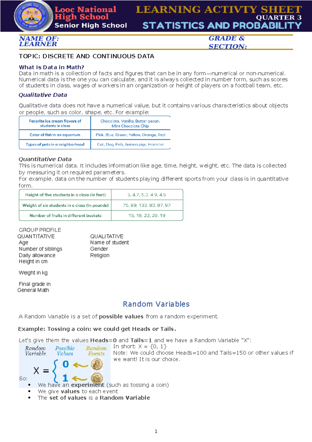 Week 2 - Learning Activity SHeet - TOPIC: DISCRETE AND CONTINUOUS DATA ...
