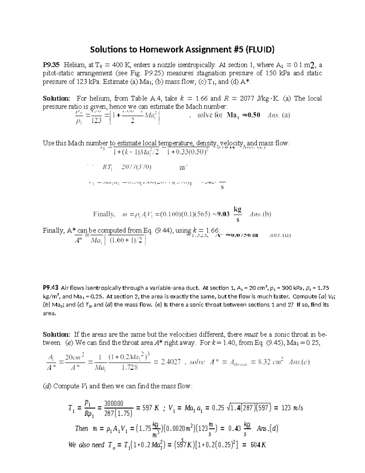 Solutions to Homework Assignment #5 ( Fluid) - Solutions to Homework Assignment #5 (FLUID) P9 ...