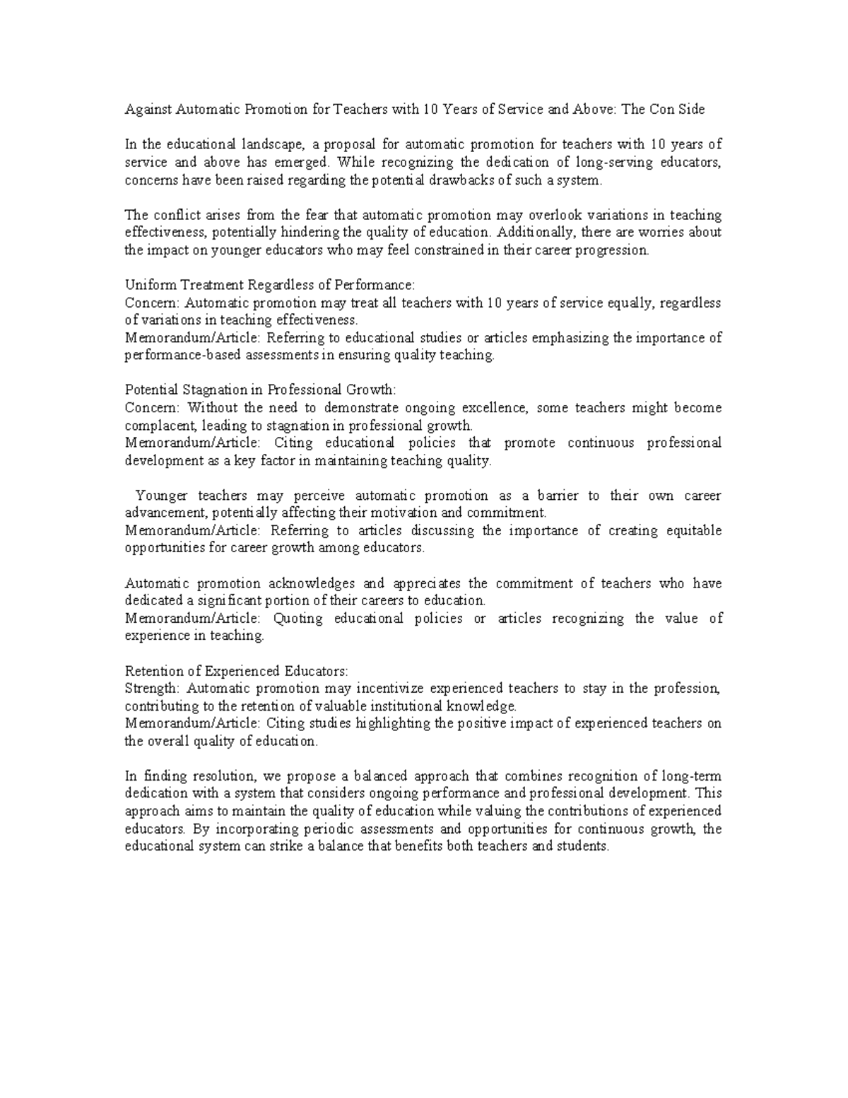 Against Automatic Promotion for Teachers with 10 Y - While recognizing ...