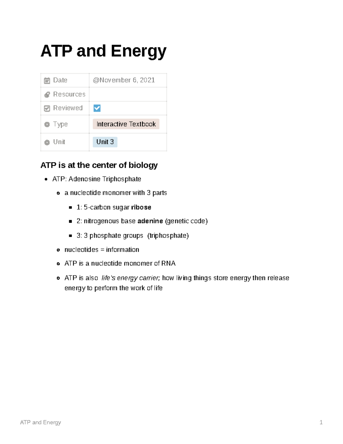 ATP and Energy - Bio Notes - ATP and Energy Date Resources Reviewed ...