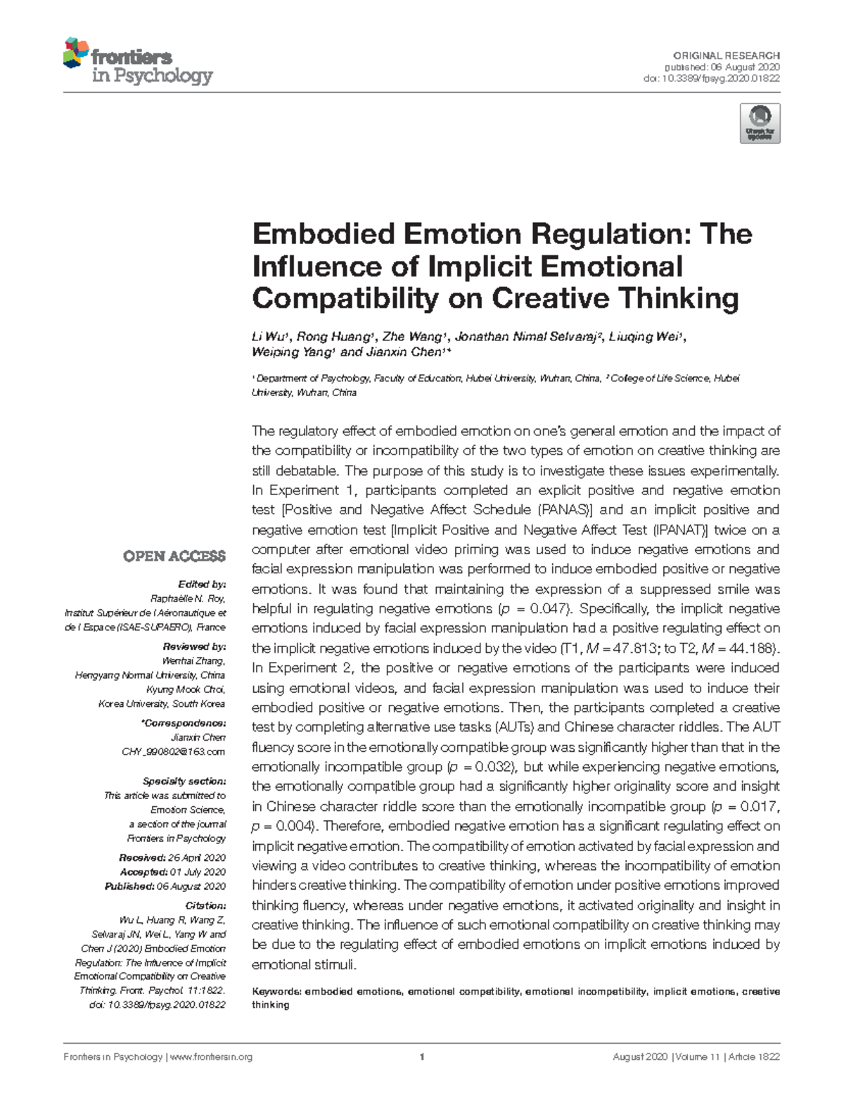 Embodied Emotion Regulation - ORIGINAL RESEARCH published: 06 August 2020 doi: 10.3389/fpsyg ...