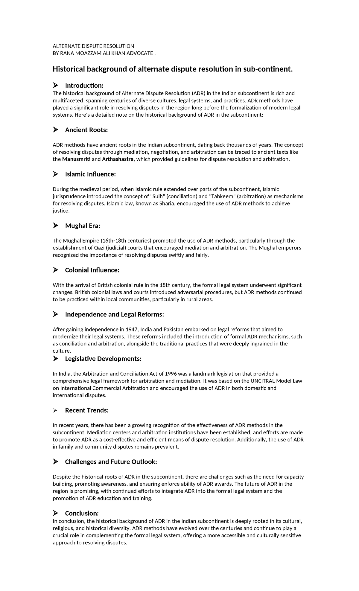 Historical Background OF ADR IN SUB- Continent - ALTERNATE DISPUTE ...