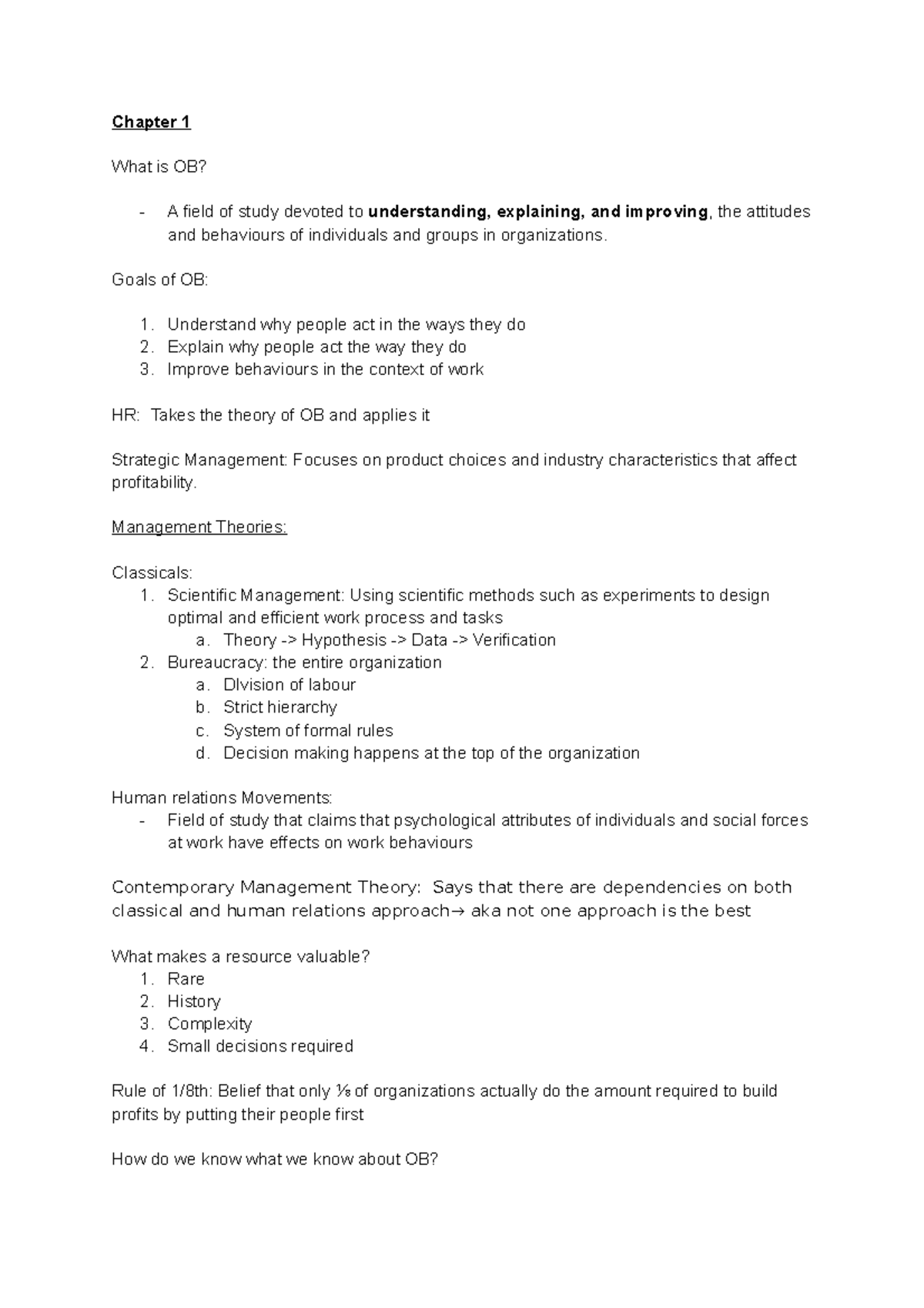 My Final OB Notes - Chapter 1 What is OB? A field of study devoted to ...