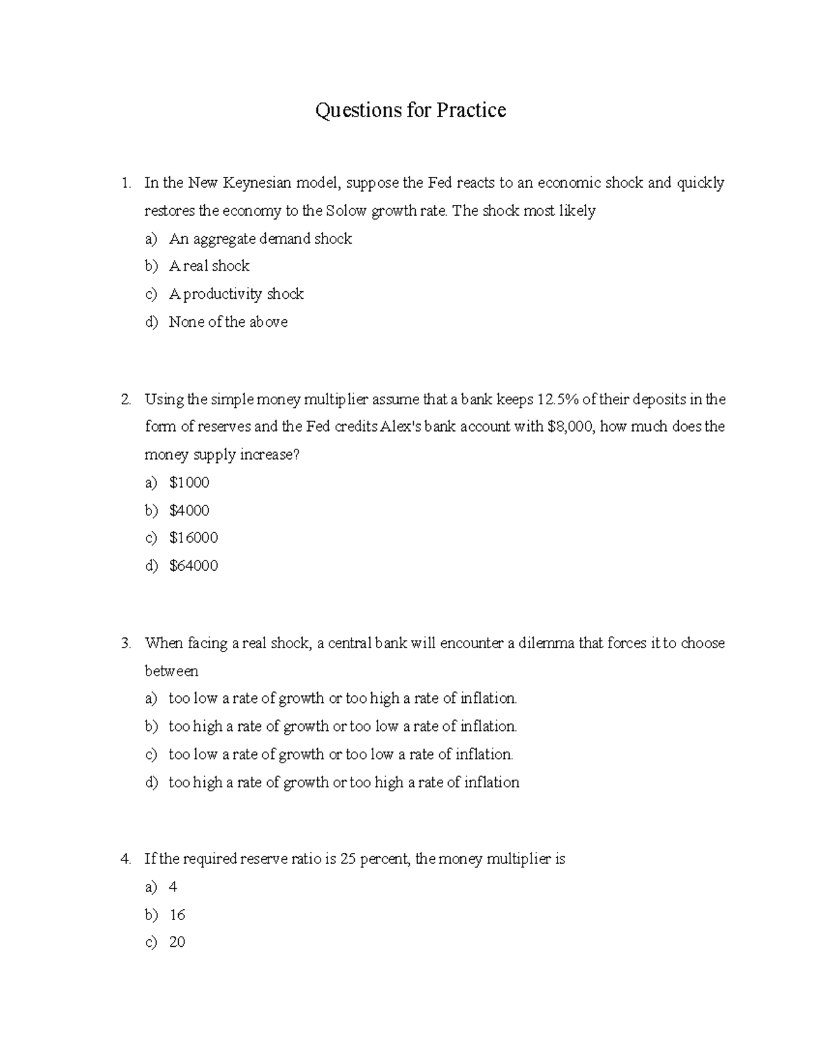Practice Questions 3 - Questions for Practice In the New Keynesian ...