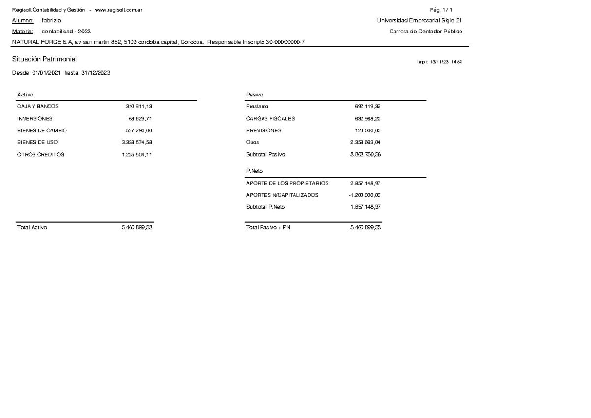 Balance Patrimonial tp4 - Situación Patrimonial Desde 01/01/2021 hasta ...