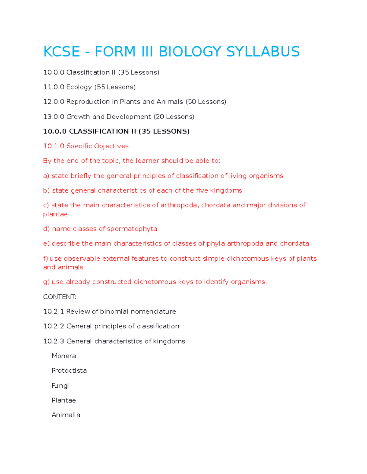 Biology-FORM- Three - Bshss - KCSE - FORM III BIOLOGY SYLLABUS 10.0 ...