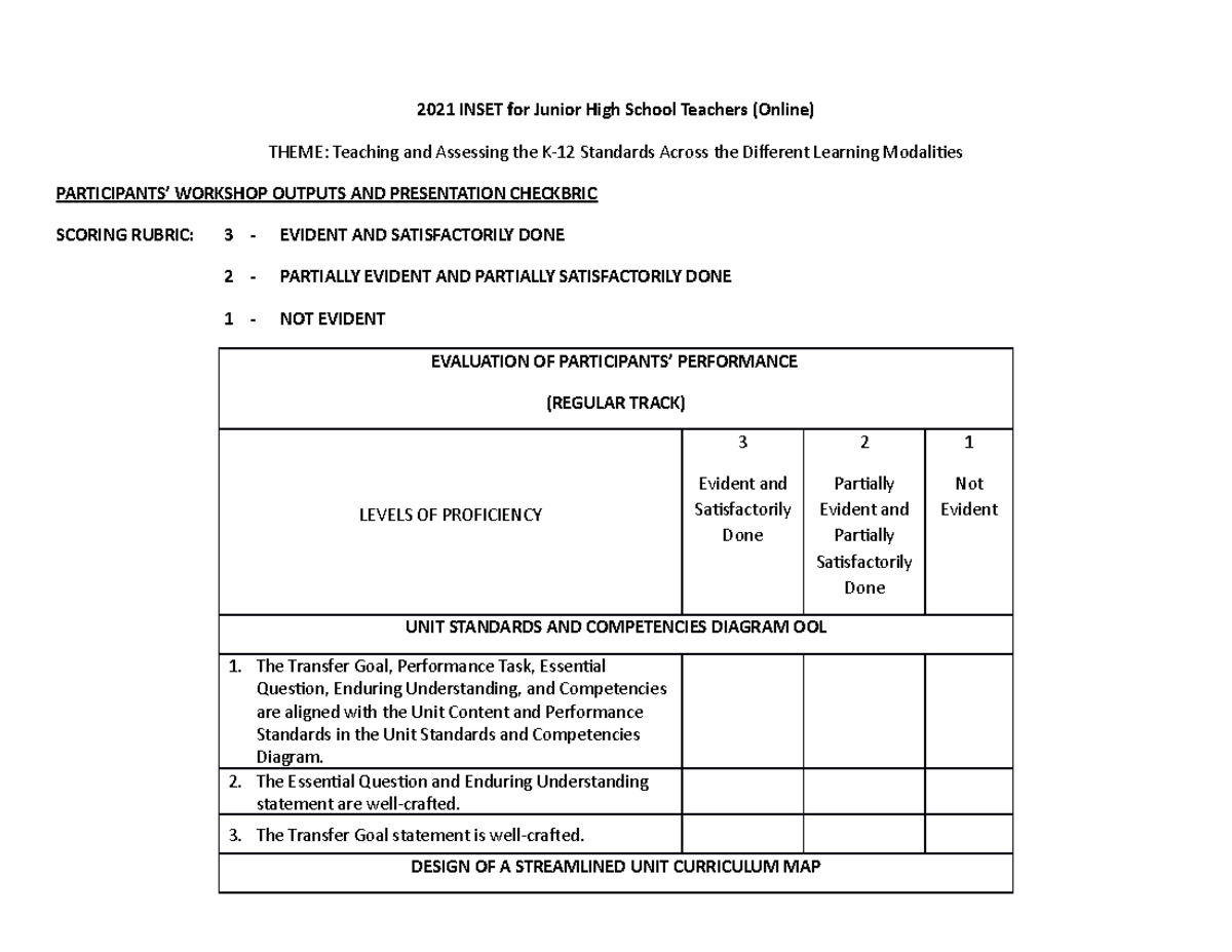 S9 Handout 2021-JHS- Inset- Evaluation-TOOL Regular - 2021 INSET for Junior High School Teachers ...