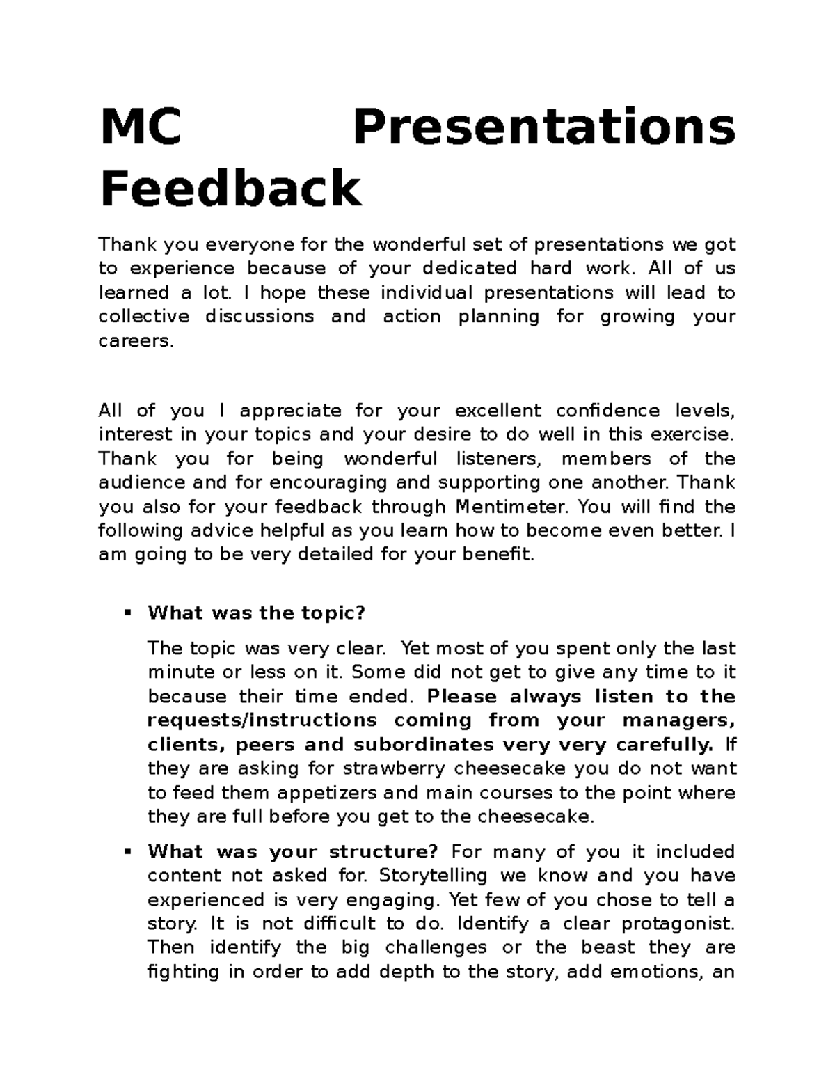 Presentations Feedback MC - MC Presentations Feedback Thank you ...