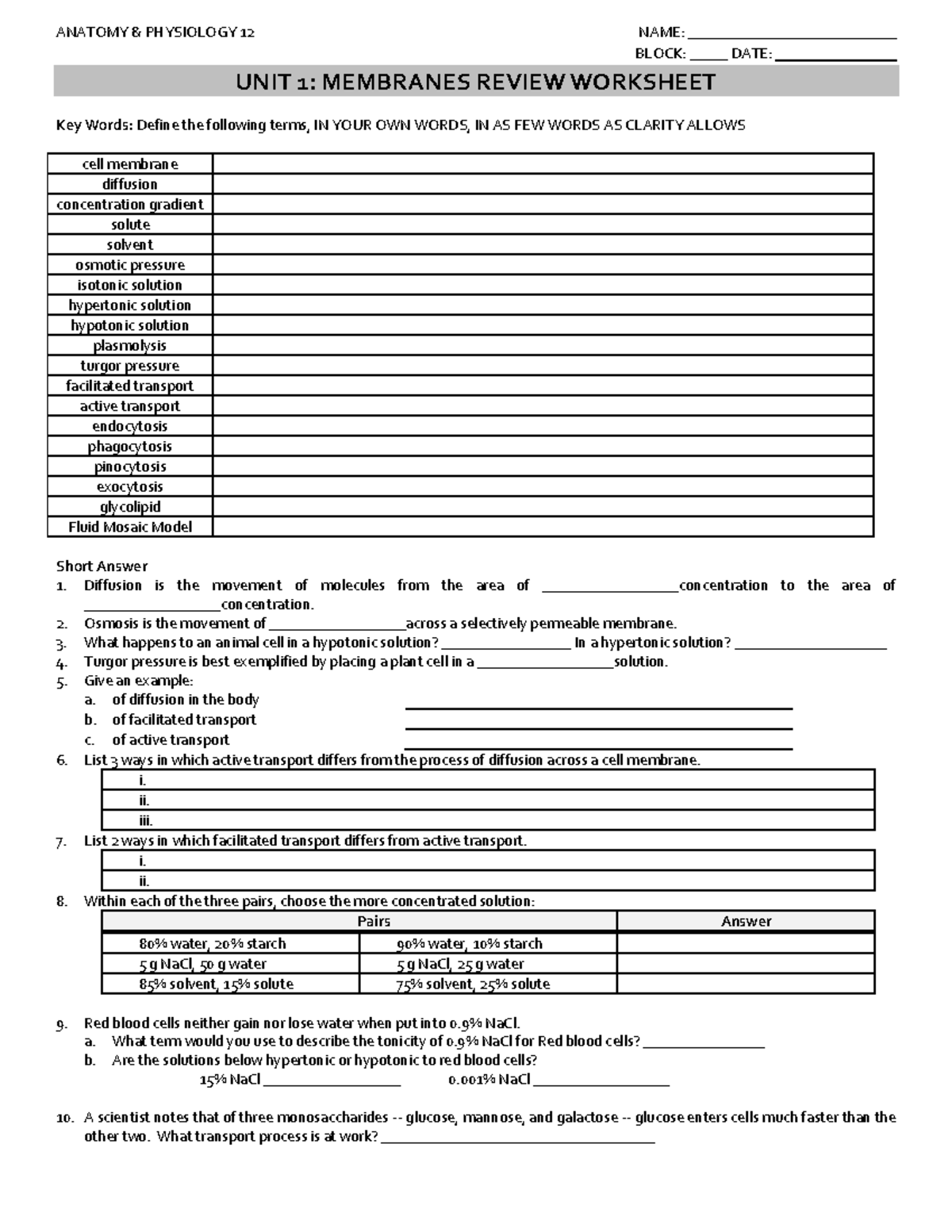 Biology - The Cell – Review Worksheet - ANATOMY & PHYSIOLOGY 12 NAME ...