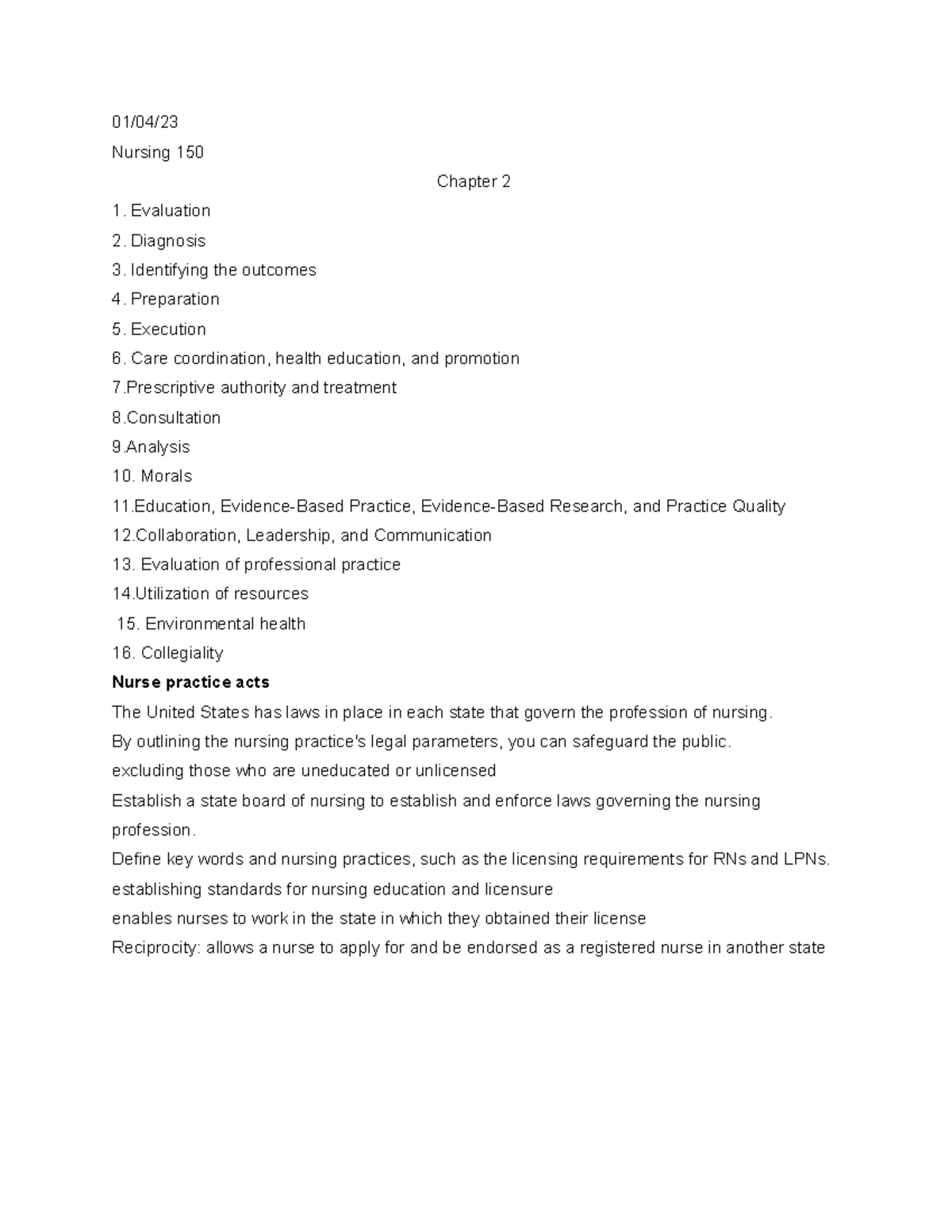 Nursing 150 Chapter 2 Part 1 - 01/04/ Nursing 150 Chapter 2 Evaluation Diagnosis Identifying the ...