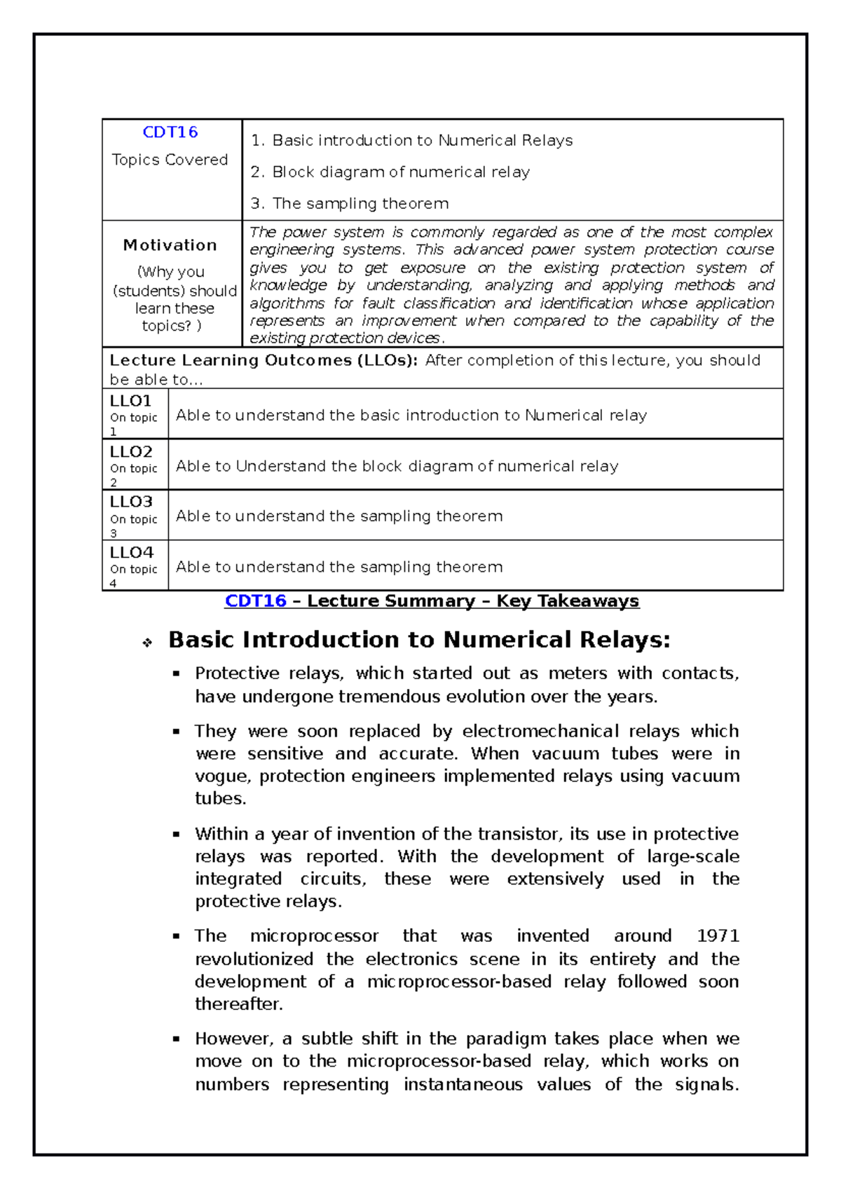 Advanced power system protection cours 16 - CDT Topics Covered 1. Basic ...