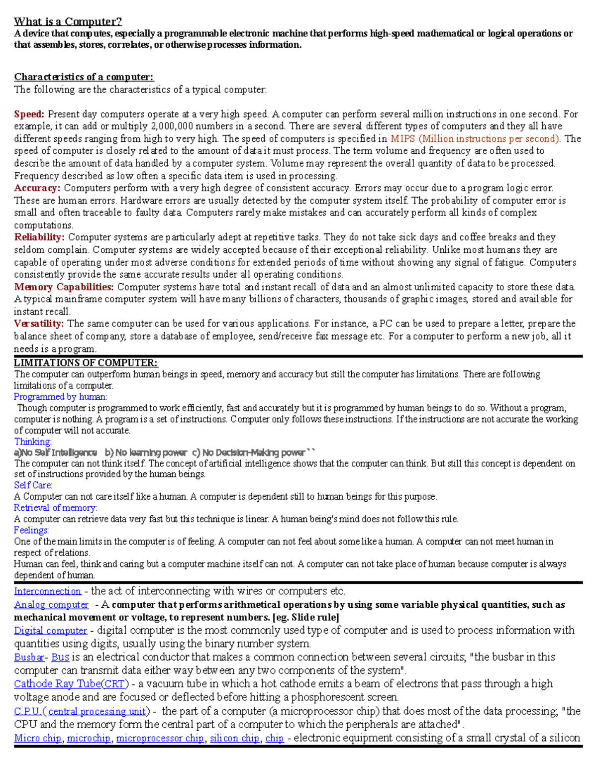 Computer- Terminologies, Characteristics AND Limitations - Computer science - KIIT University ...