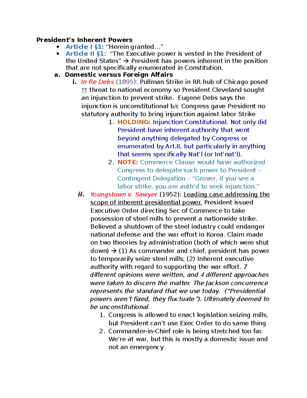 Constitutional Law Outline - 2 - President’s Inherent Powers Article I ...