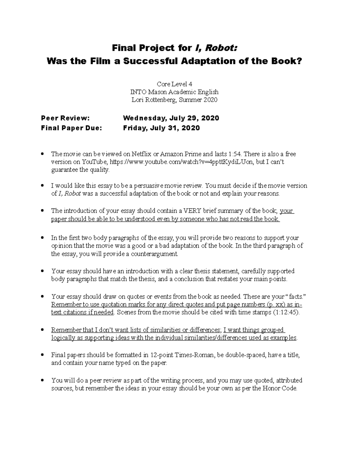 I, Robot Final Project - the answer for the reading - Final Project for ...