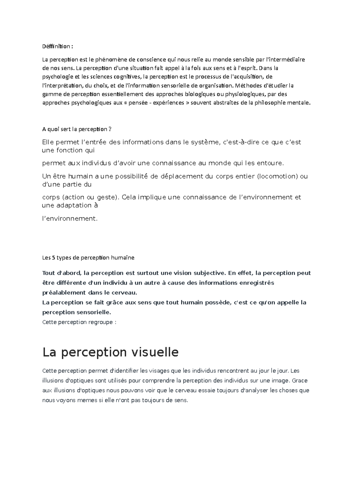 La perception - La perception d'une situation fait appel à la fois aux ...